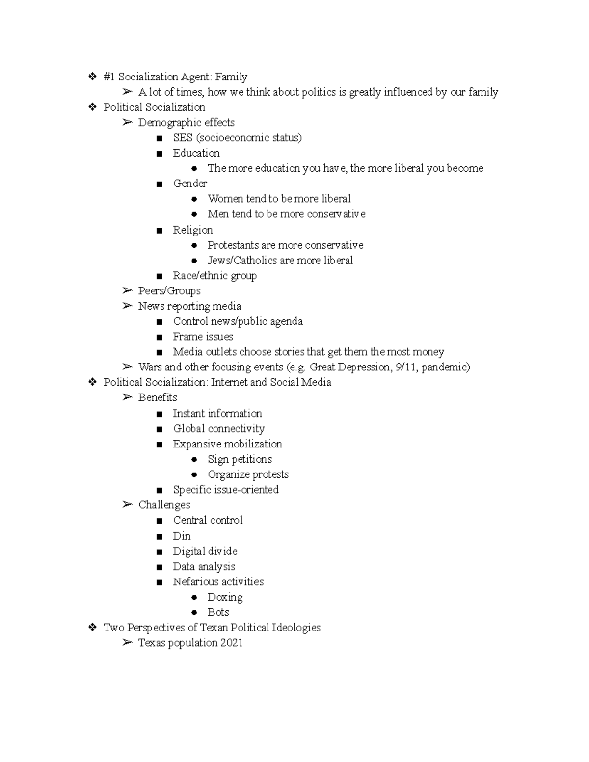 Texas Government Lecture Notes 3 28-30 2022 - #1 Socialization Agent ...