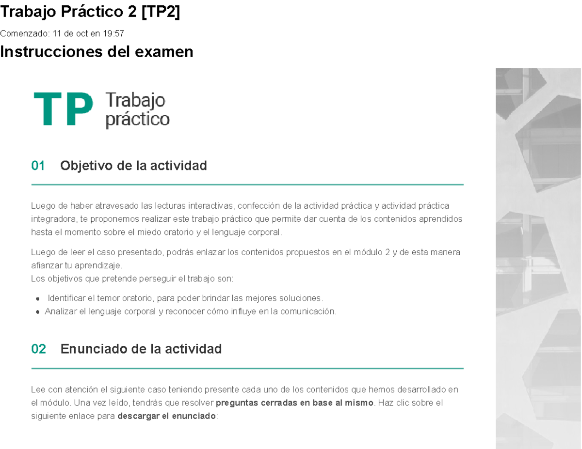Trabajo Práctico 2 oratoria [TP2] 100 - Trabajo Práctico 2 [TP2] Comenzado: 11 de oct en 19 ...