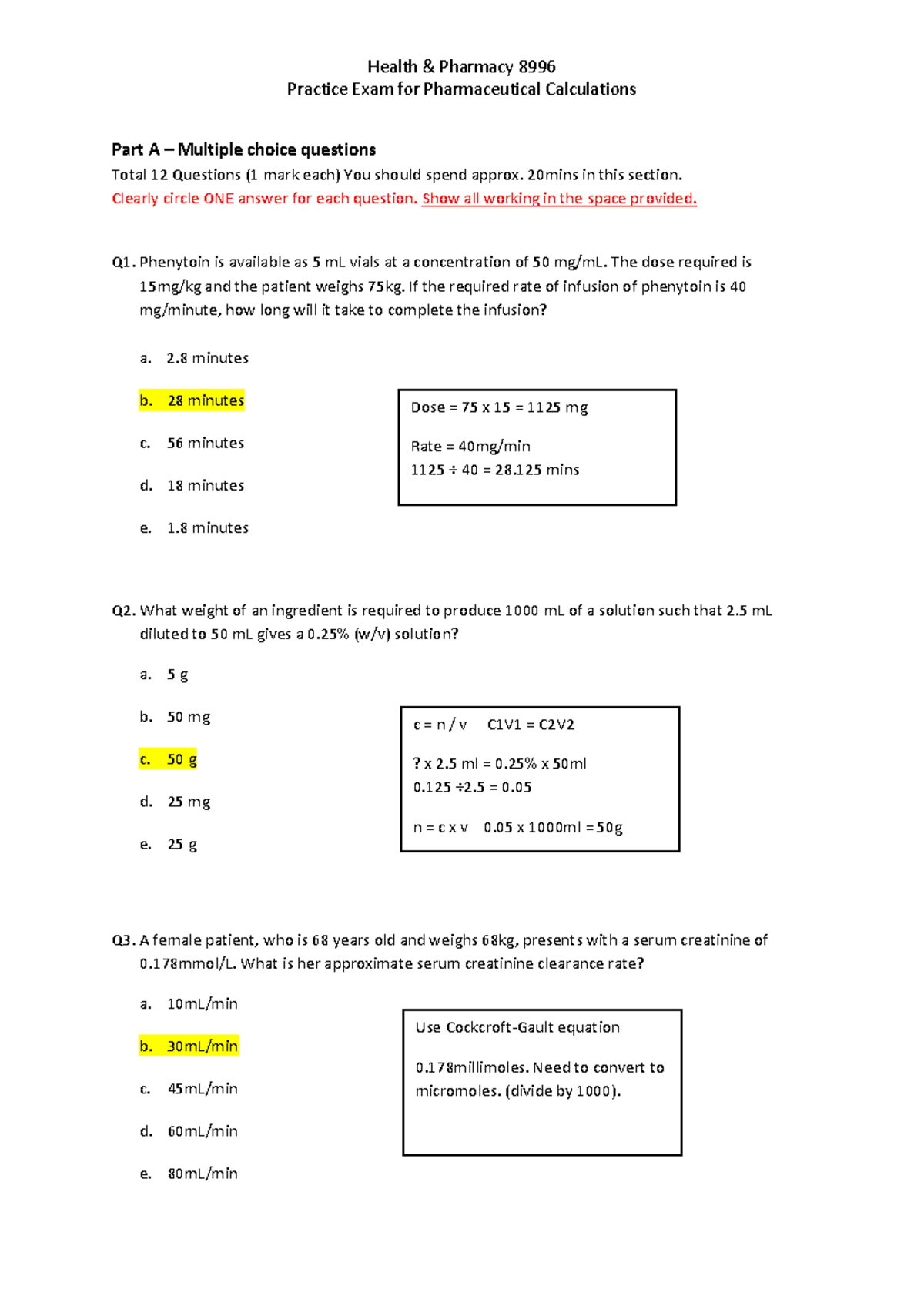 Week 4 Tutorial Worksheet - Pharmaceutical Calculations Answer Copy - Practice Exam for - Studocu