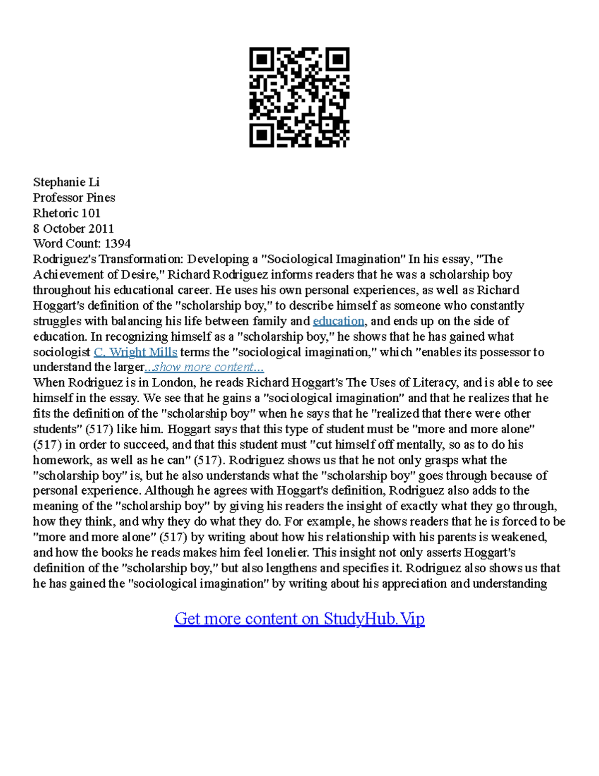 Richard Rodriguez Essays - Stephanie Li Professor Pines Rhetoric 101 8 ...