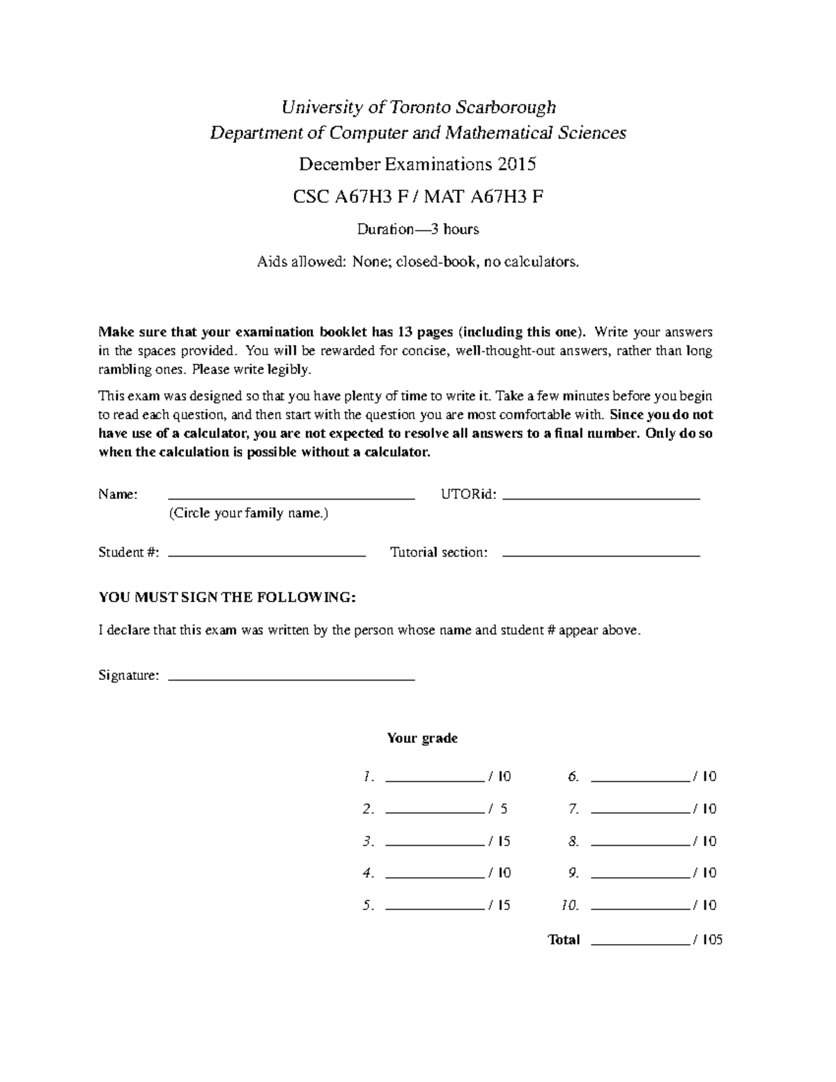 Discrete Mathematics 2015 Final Exam - CSCA67 - U of T - Studocu
