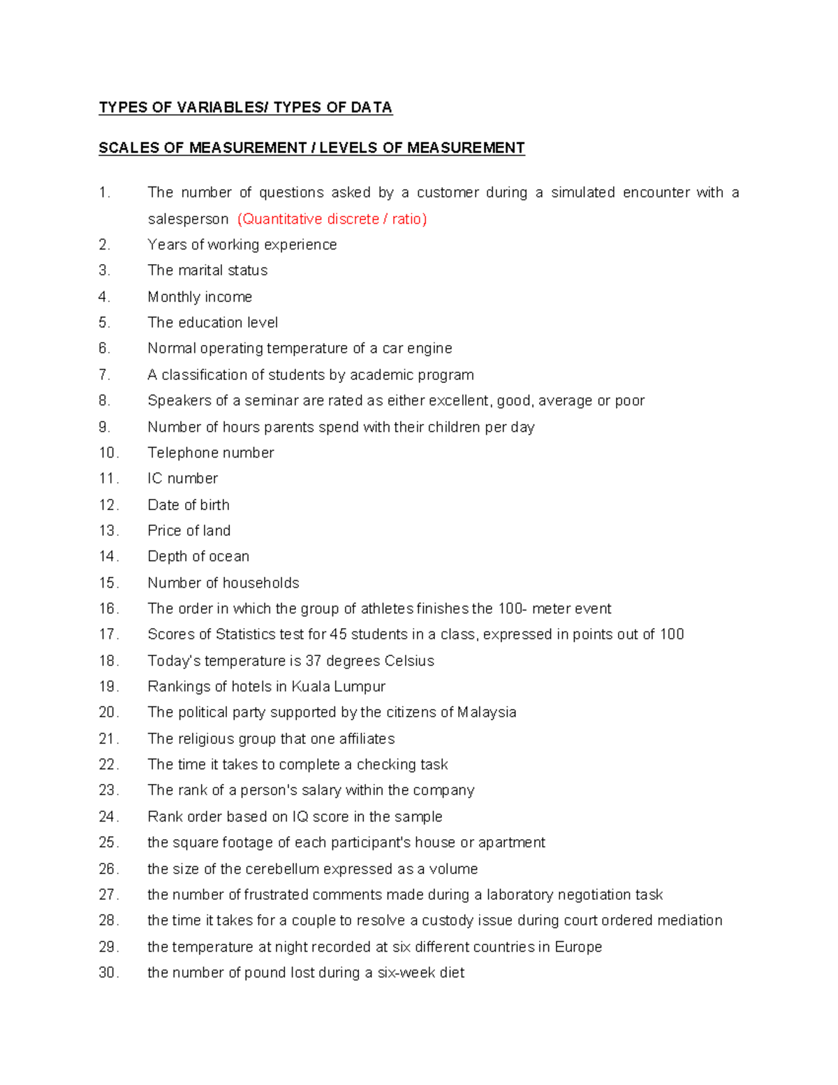 Exercise Statistics 104 - TYPES OF VARIABLES/ TYPES OF DATA SCALES OF ...