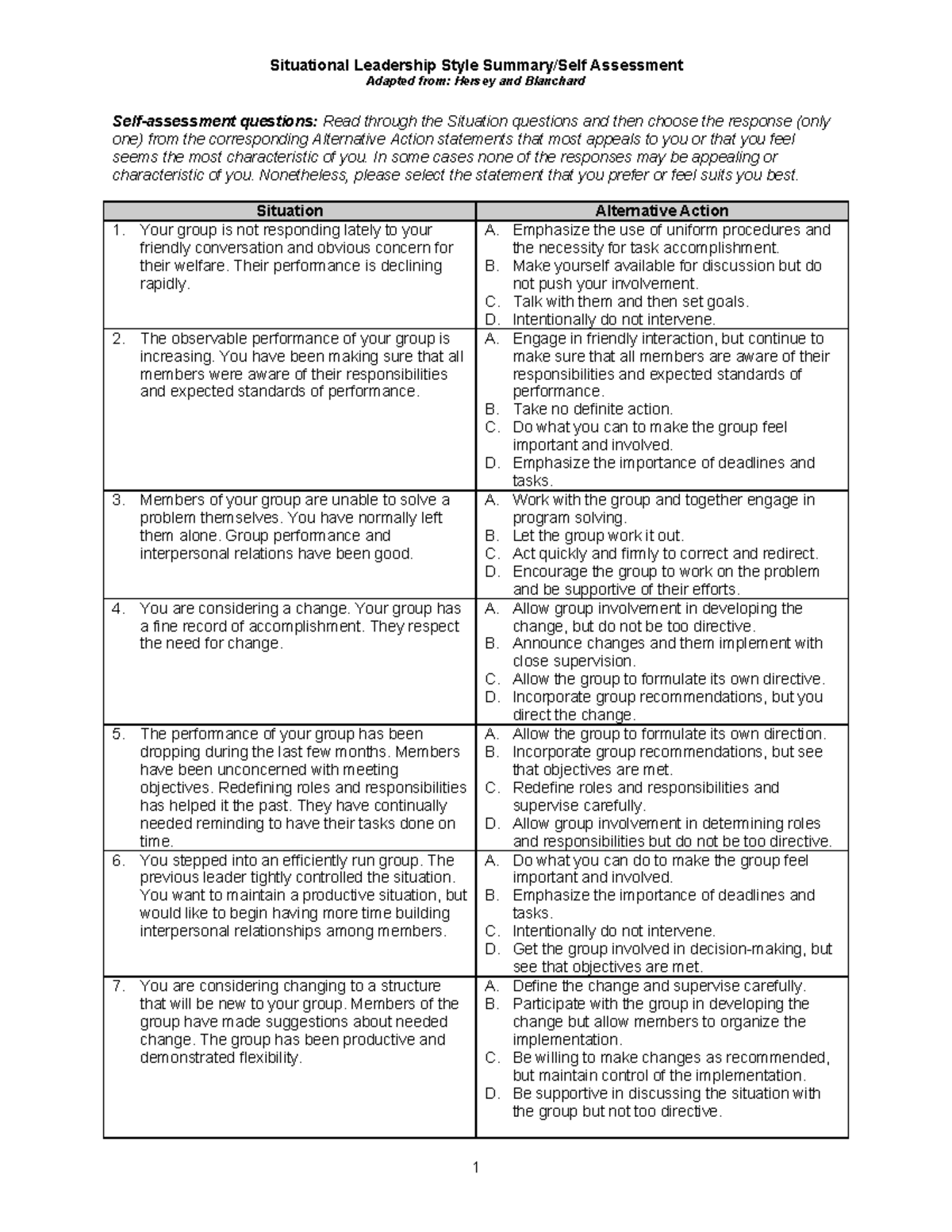 Situational Leadership Self Assessment in Project Leadership - Adapted ...