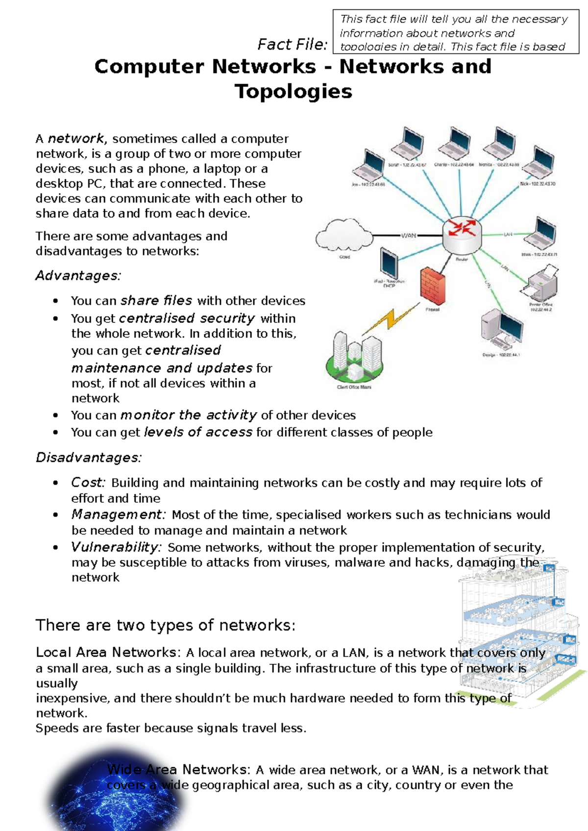 OCR GCSE Unit 1.3 - Network Fact File - Fact File: Computer Networks - Networks and Topologies A ...