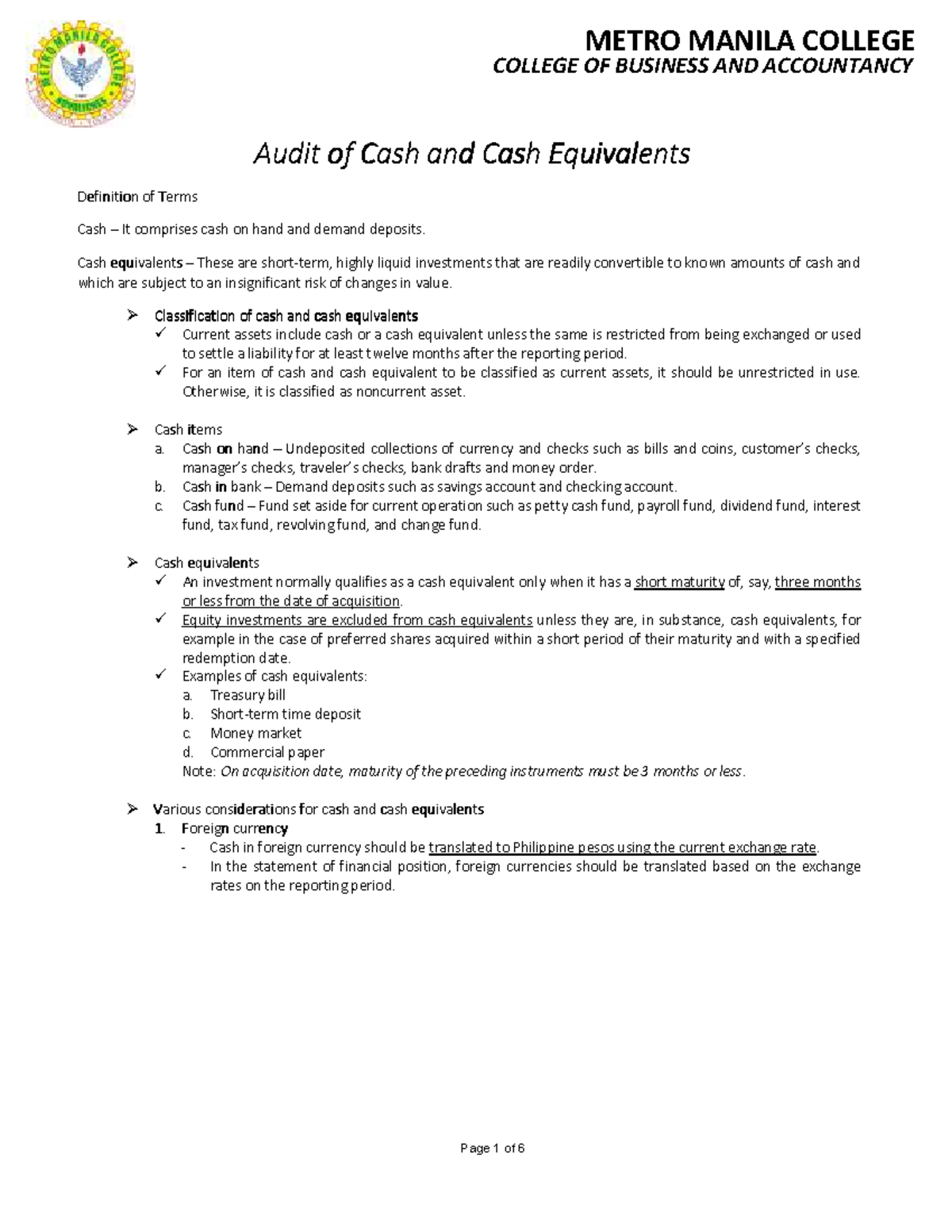 Audit-OF-CASH - Summary on audit of cash for auditing application 1 ...