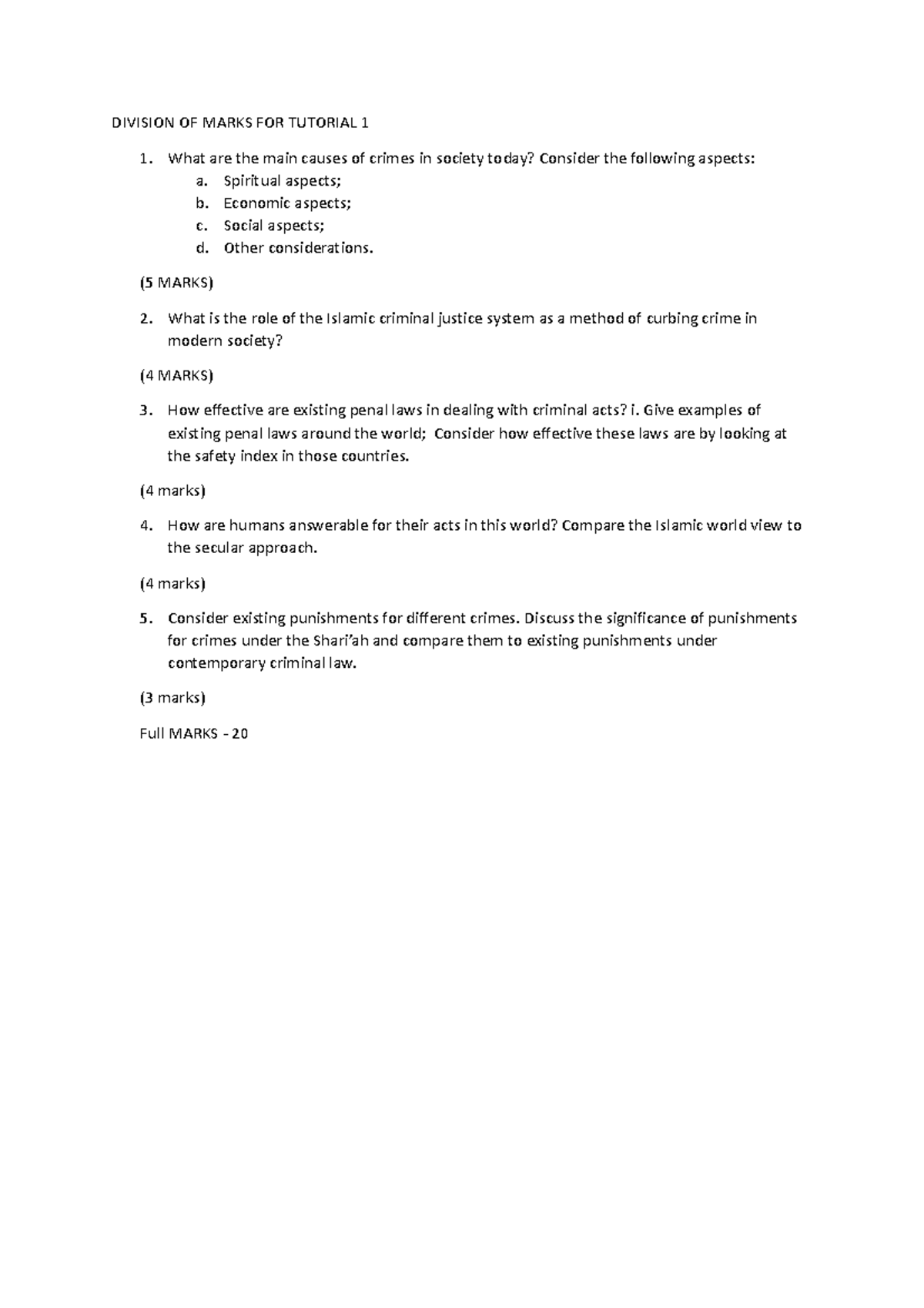 Division OF Marks FOR Tutorial 1 - DIVISION OF MARKS FOR TUTORIAL 1 ...