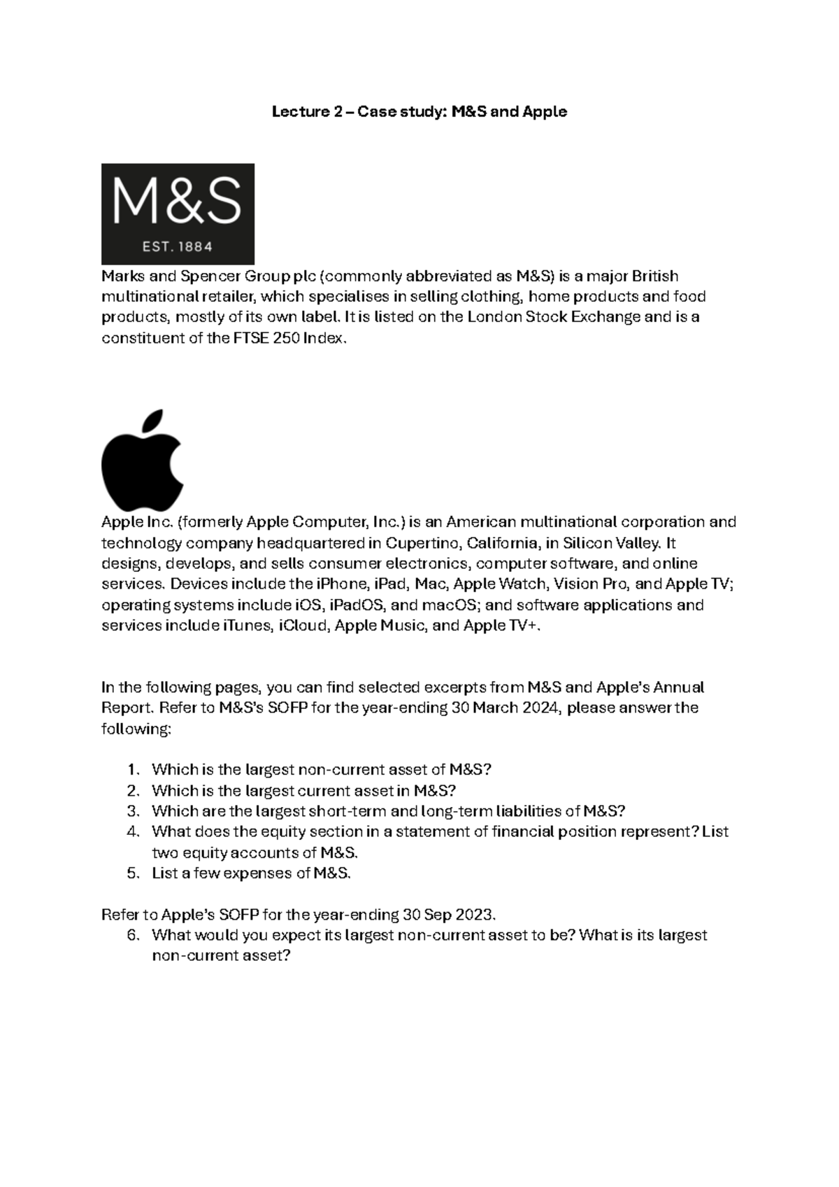 Lecture 2 case study Mns Apple SOFP - Lecture 2 – Case study: M&S and ...