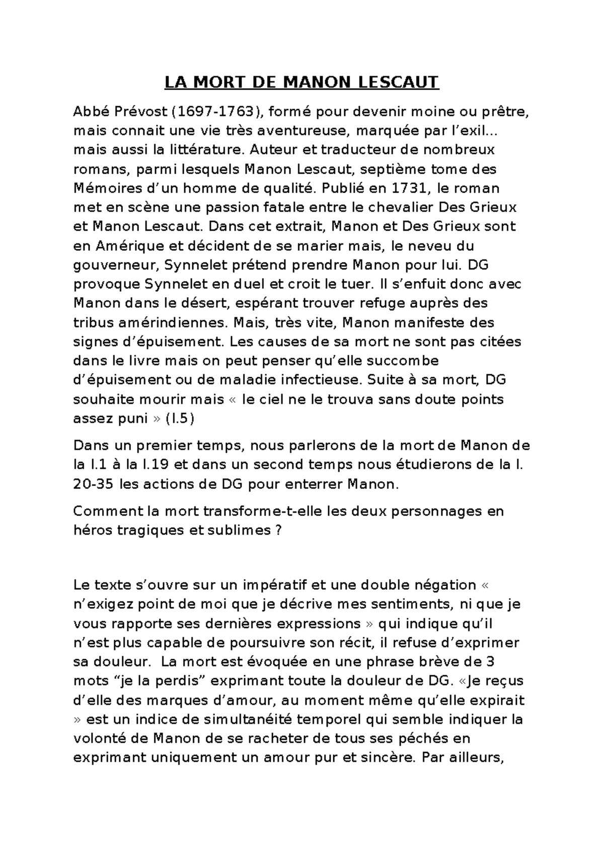 La mort de manon - LA MORT DE MANON LESCAUT Abbé Prévost (1697-1763 ...