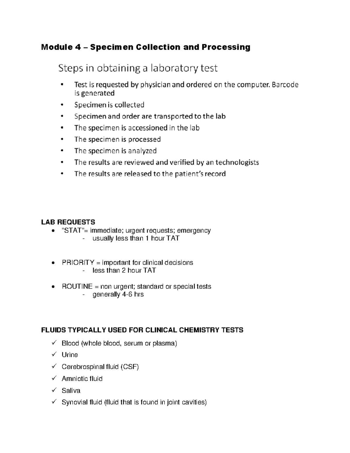 Module 4 and 5- Clinical Chemistry Specimen Collection and Processing ...