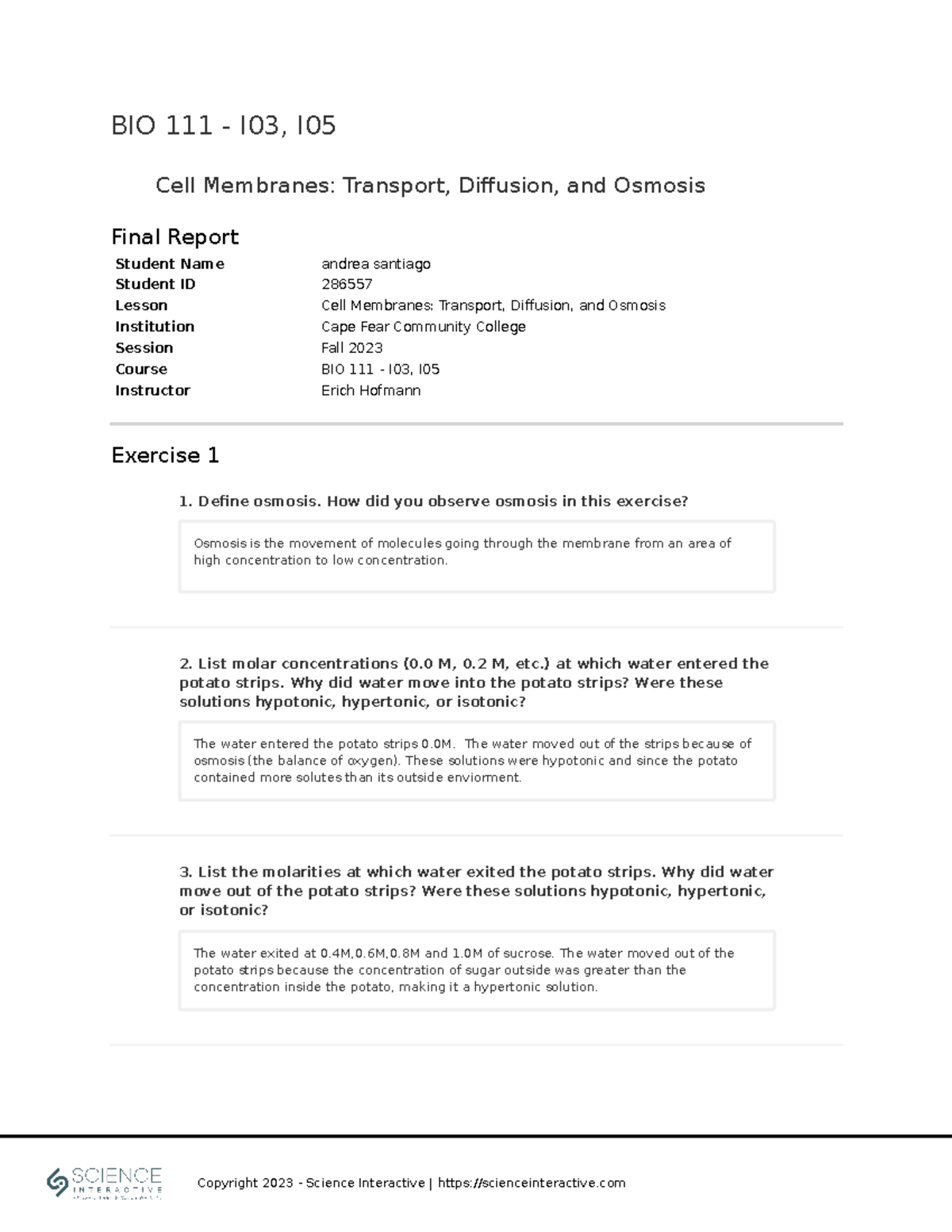 Cell Membranes Transport Diffusion and Osmosis - Student Name andrea ...