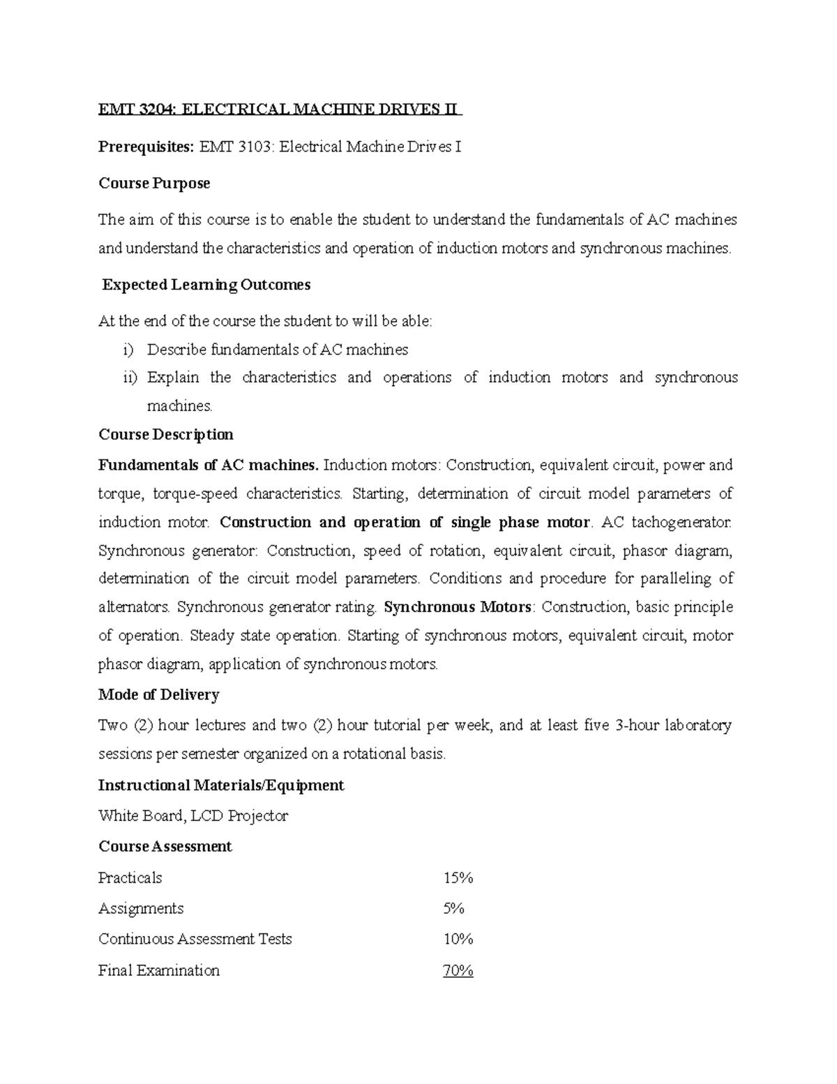 EMT 3204 course outline - EMT 3204: ELECTRICAL MACHINE DRIVES II ...