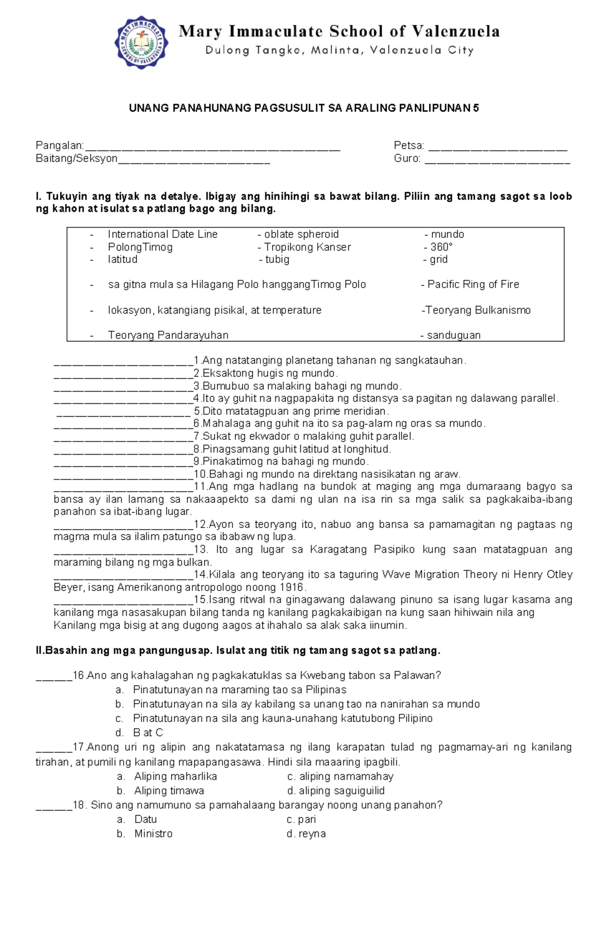 Grade 5 AP 1ST Quarter EXAM - UNANG PANAHUNANG PAGSUSULIT SA ARALING ...