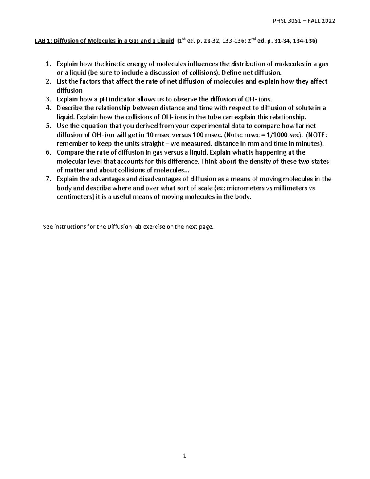 F2022 Diffusion Lab manual - LAB 1: Diffusion of Molecules in a Gas and ...
