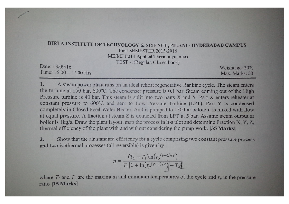ME F214 QP - Question papers - Applied Thermodynamics - Studocu