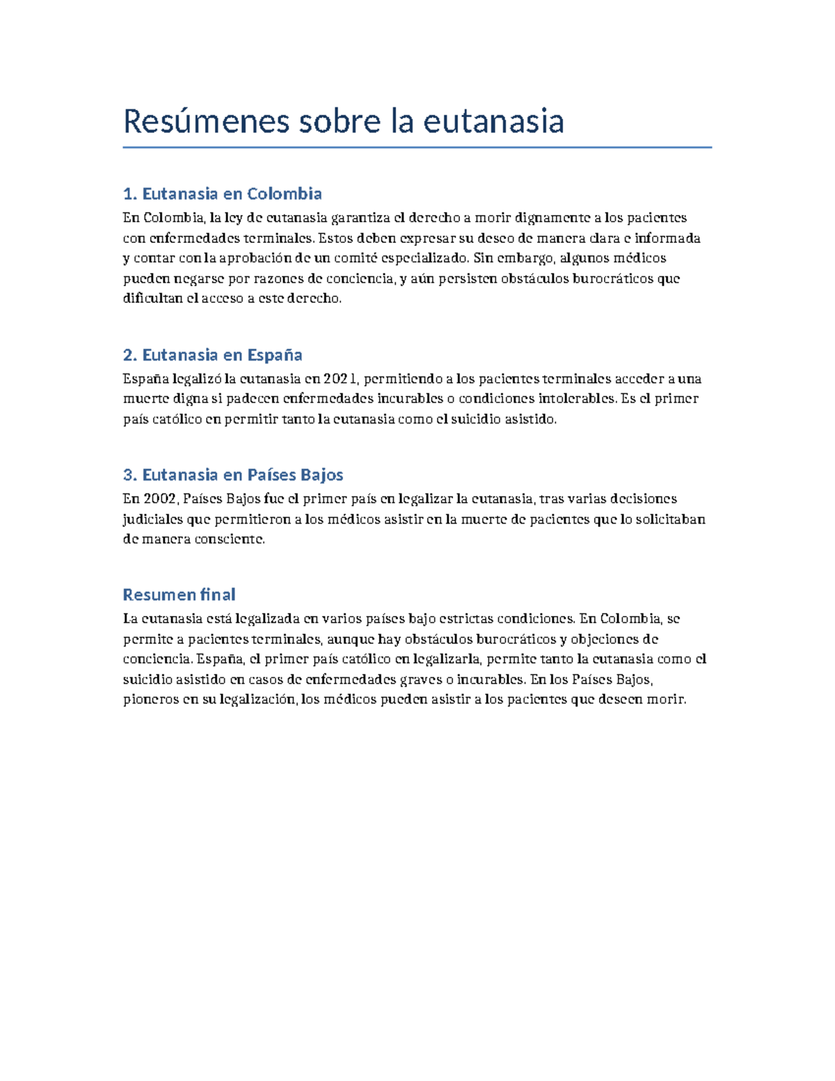 Resumen eutanasia - Resúmenes sobre la eutanasia 1. Eutanasia en Colombia En Colombia, la ley de ...