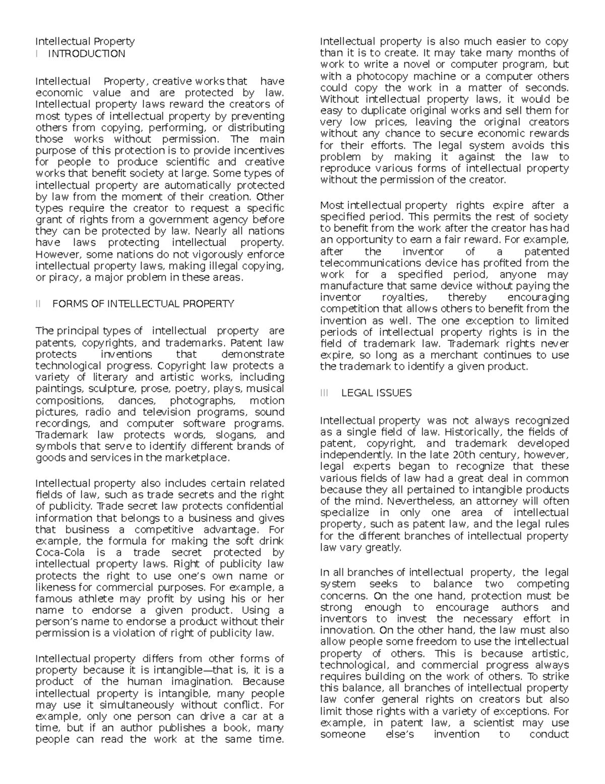 Notes - for research and study - Intellectual Property I INTRODUCTION ...