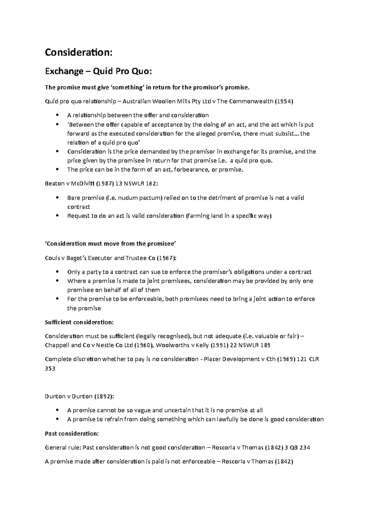 Contract Law A Summary of cases and lectures - Consideration: Exchange ...