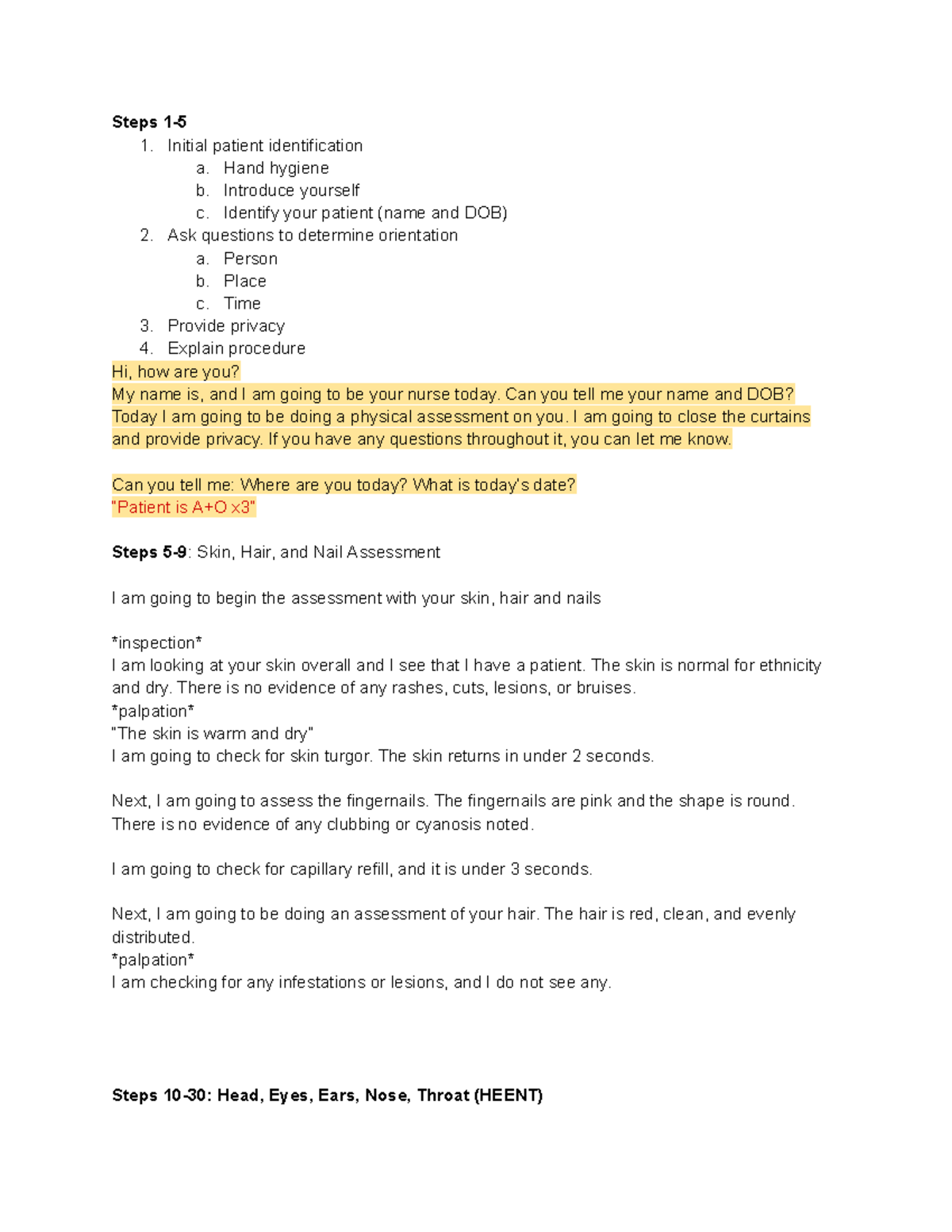 Head to Toe Assessment - head to toe - Steps 1- 1. Initial patient ...