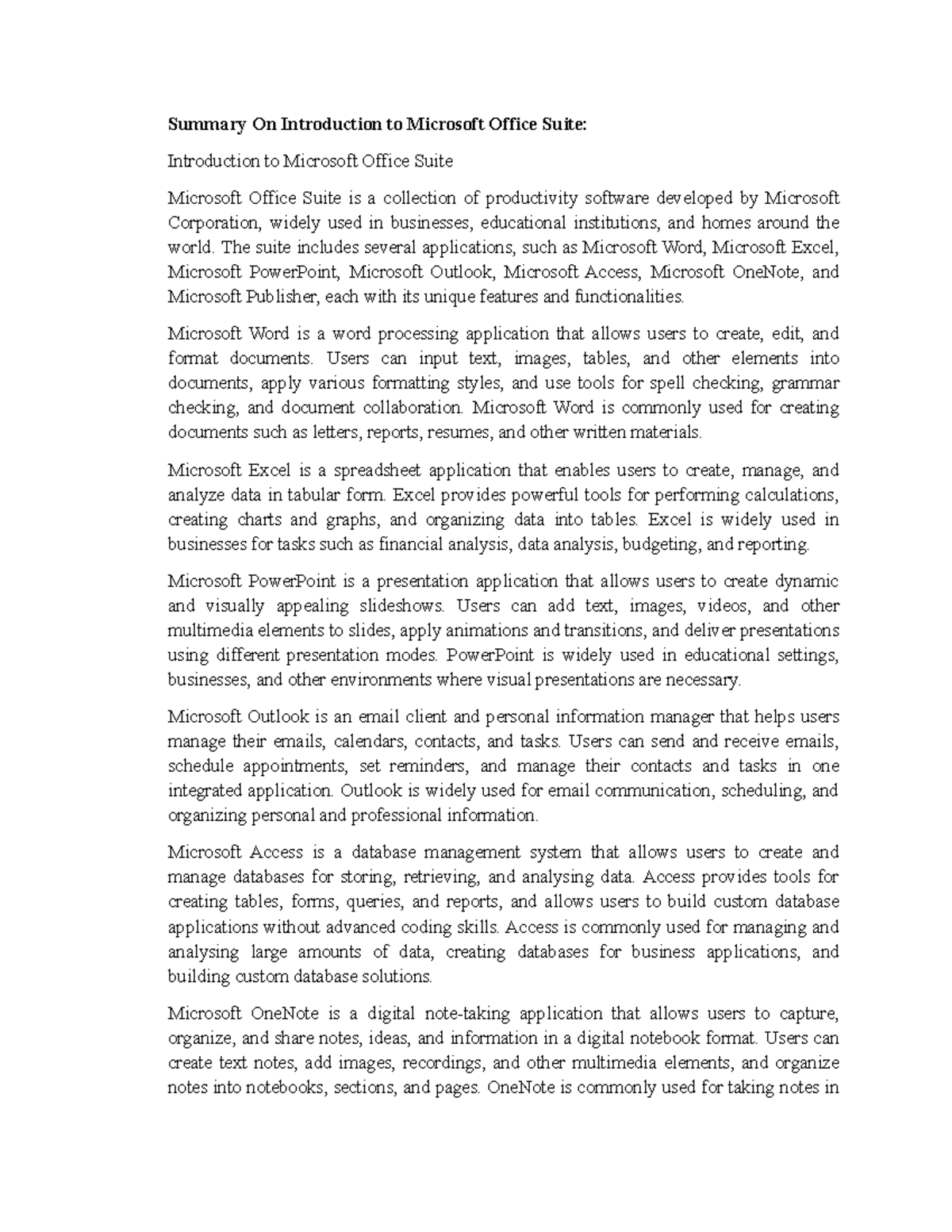 Summary On Introduction to Microsoft Office Suite - Summary On ...