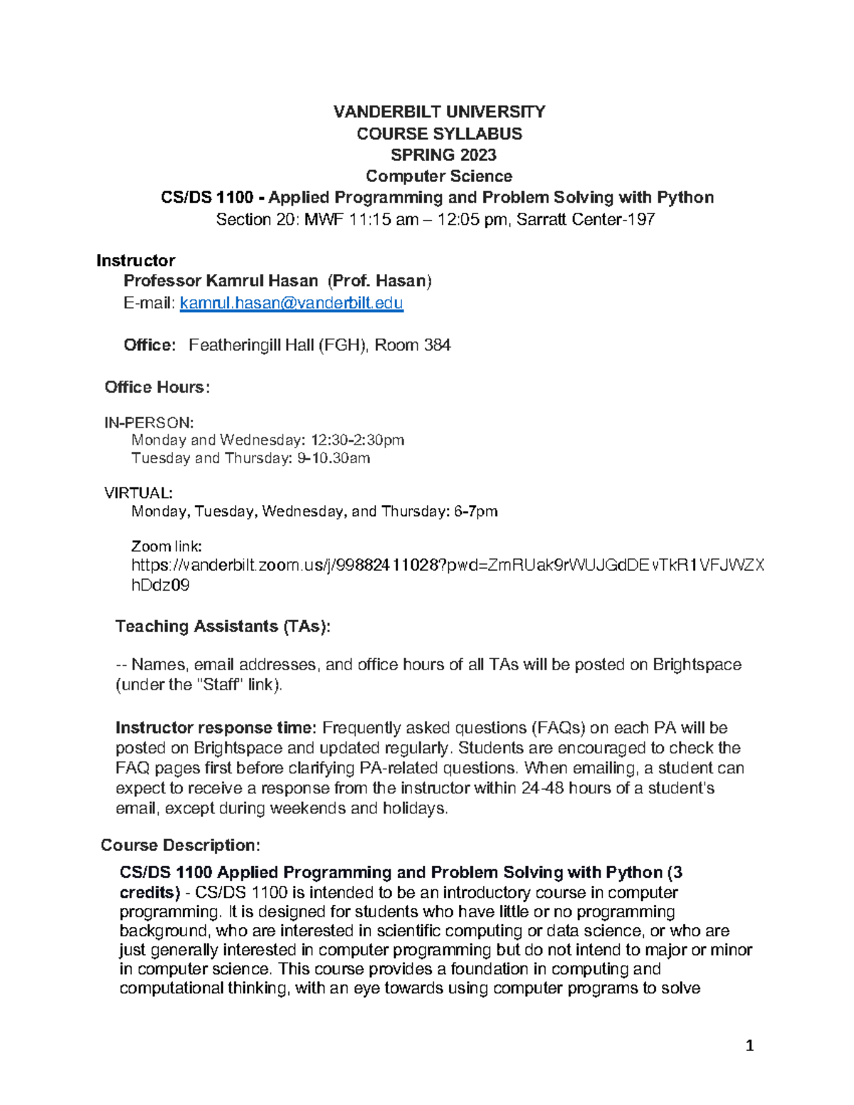 CS DS 1100 20 Syllabus Spring 2023 01 06 - VANDERBILT UNIVERSITY COURSE SYLLABUS SPRING 2023 ...