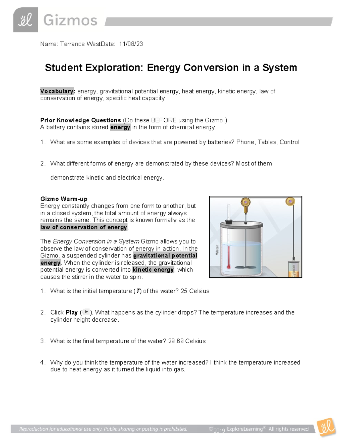 Gizmo - Energy Conversion System Student Copy - Name: Terrance WestDate ...