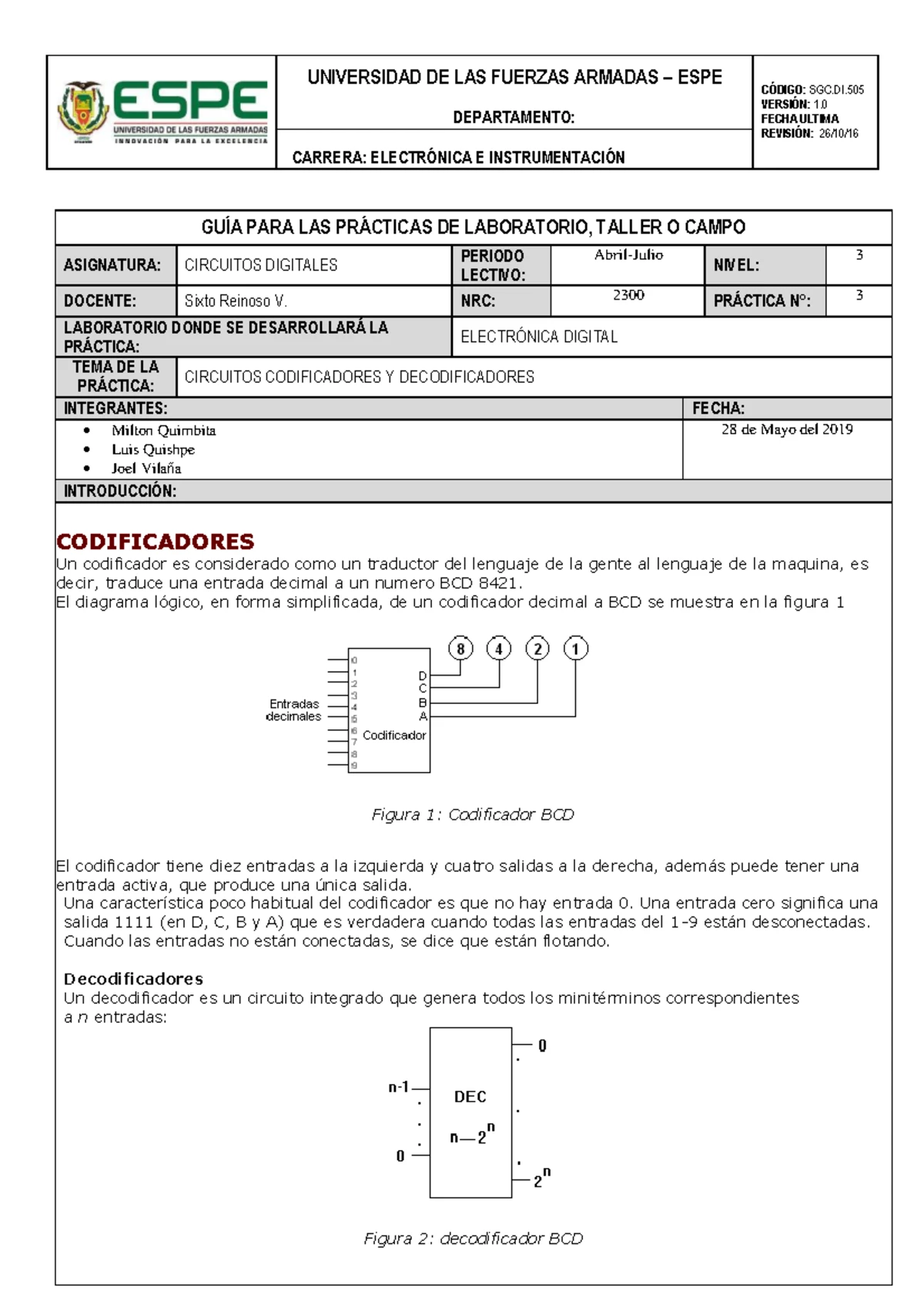 Informe 1 - CIRCUITOS DIGITALES GUÍA DE PRÁCTICA No. 1. Tema: Diseño de ...