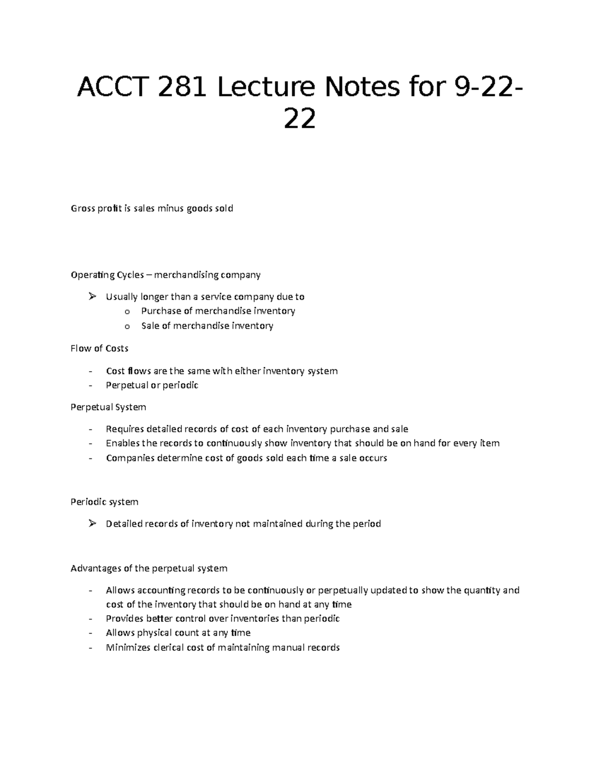 Acct 281 Lecture Notes For 9 21 22 Acct 281 Lecture Notes For 9 22 22 Gross Profit Is Sales