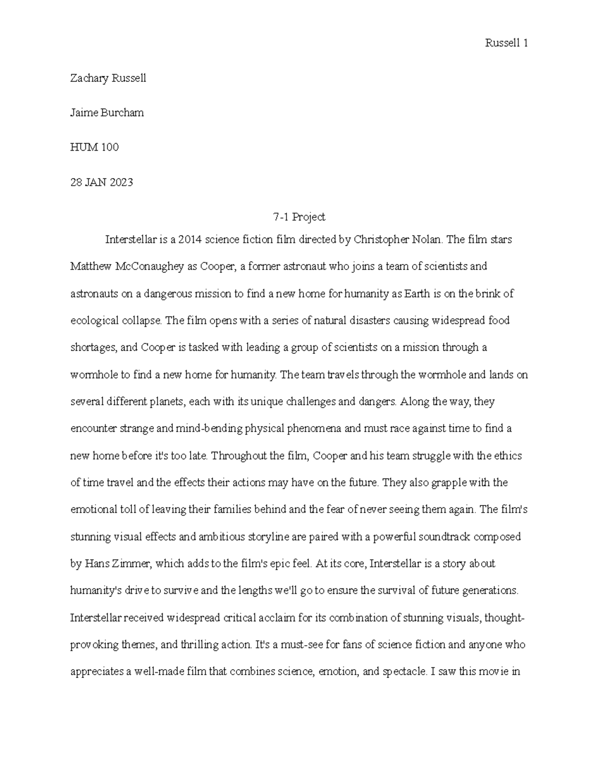 7-1 Project Zachary Russell - Zachary Russell Jaime Burcham HUM 100 28 ...