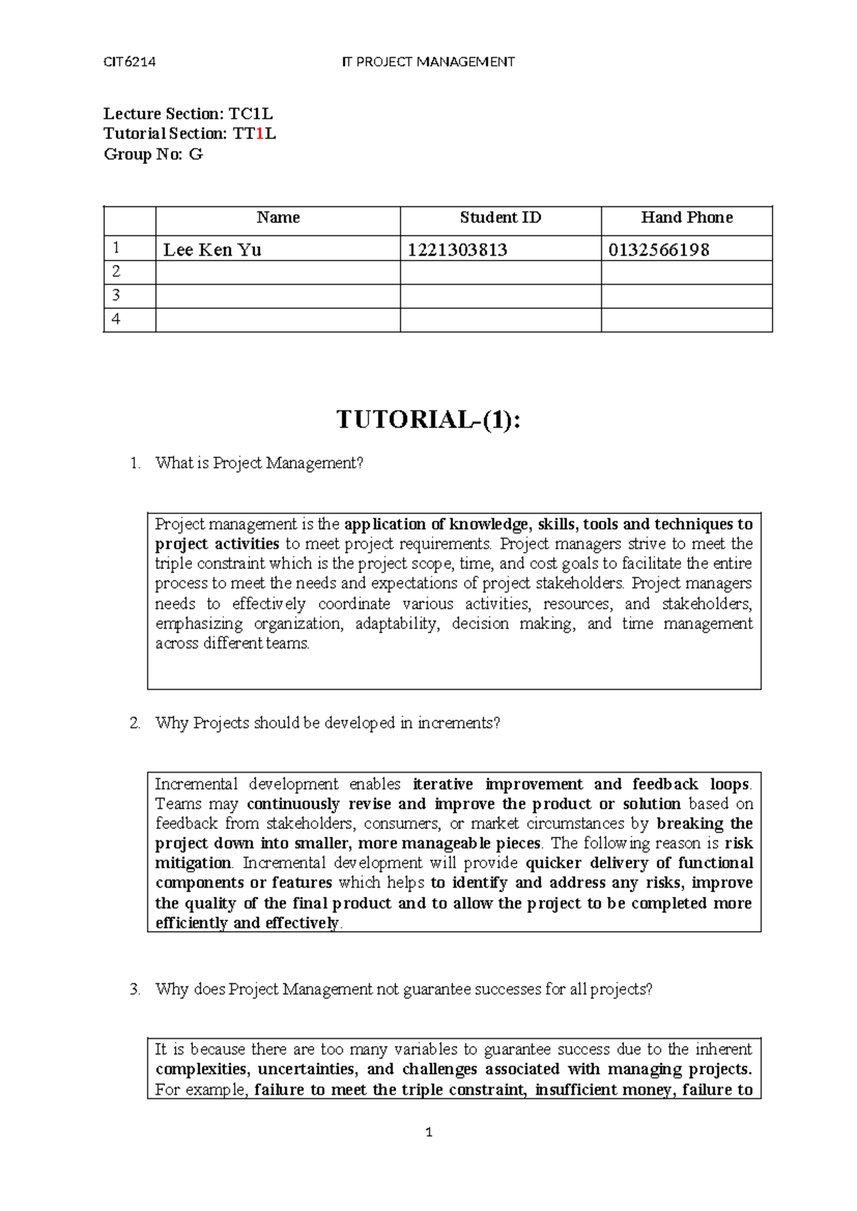 Tutorial (1) (TT1L GX) ( Discussion) - Lecture Section: TC1L Tutorial Section: TT 1 L Group No ...