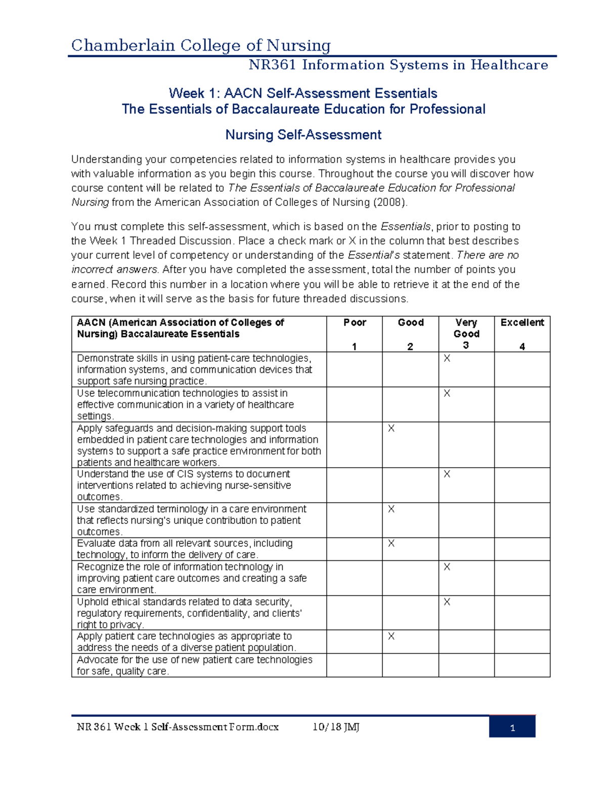 NR361 W1 AACN Essentials Self-Assessmentac - Chamberlain College of ...