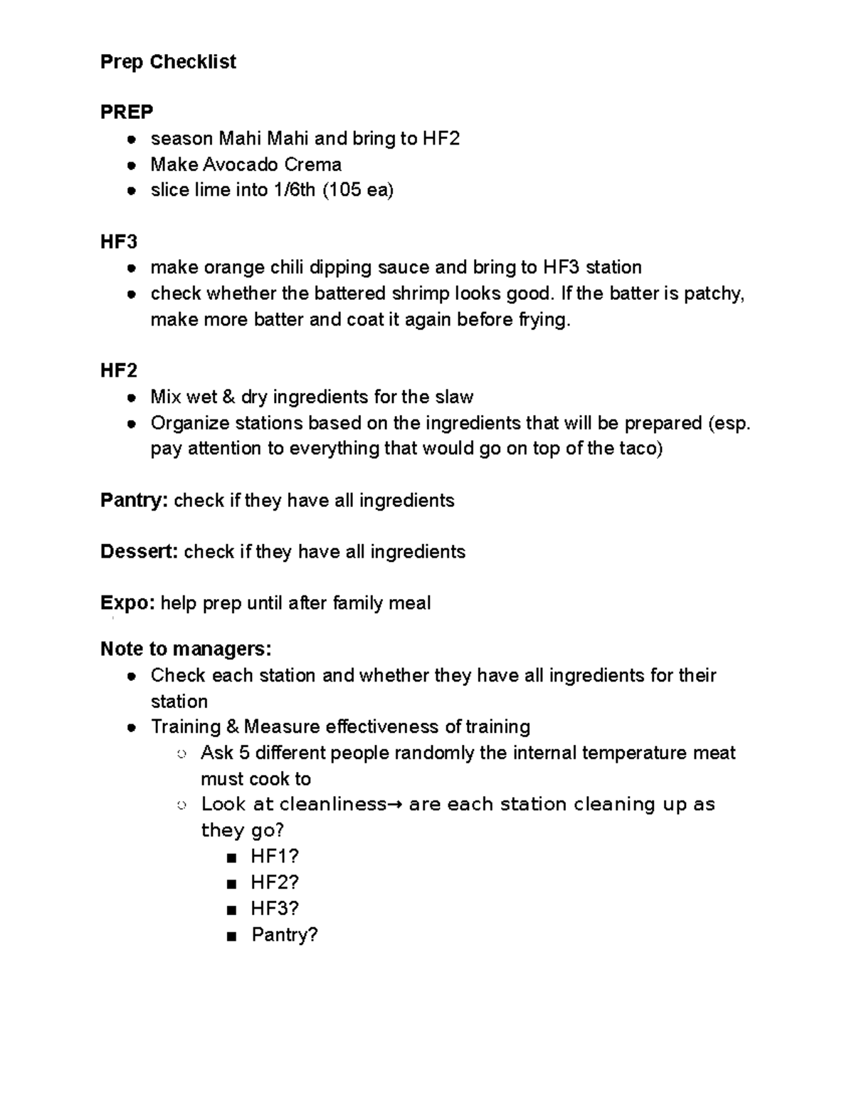 BOH Checklist MGMT Day - Prep Checklist PREP season Mahi Mahi and bring ...