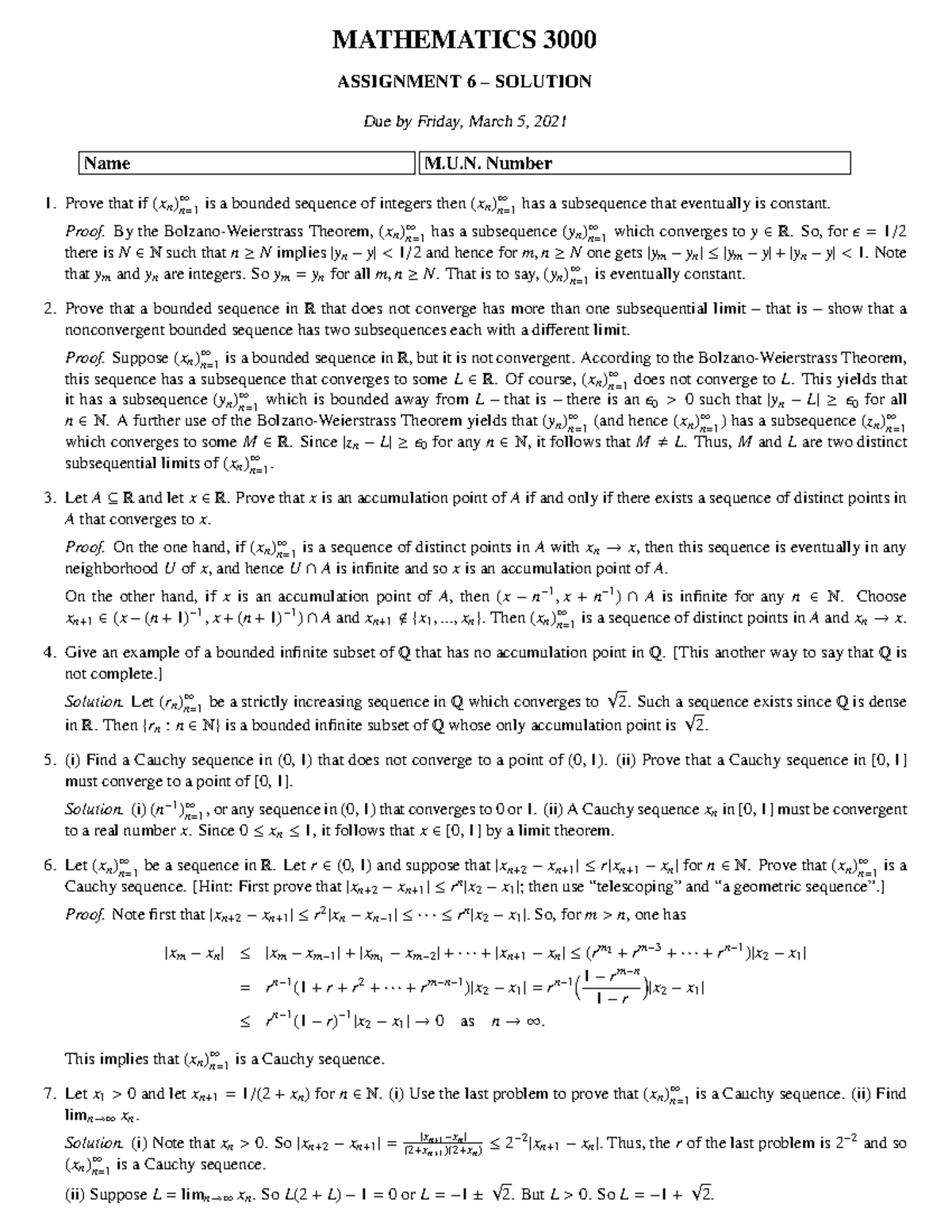 Assignment6 Math 3000 - MATHEMATICS 3000 ASSIGNMENT 6 – SOLUTION Due by ...