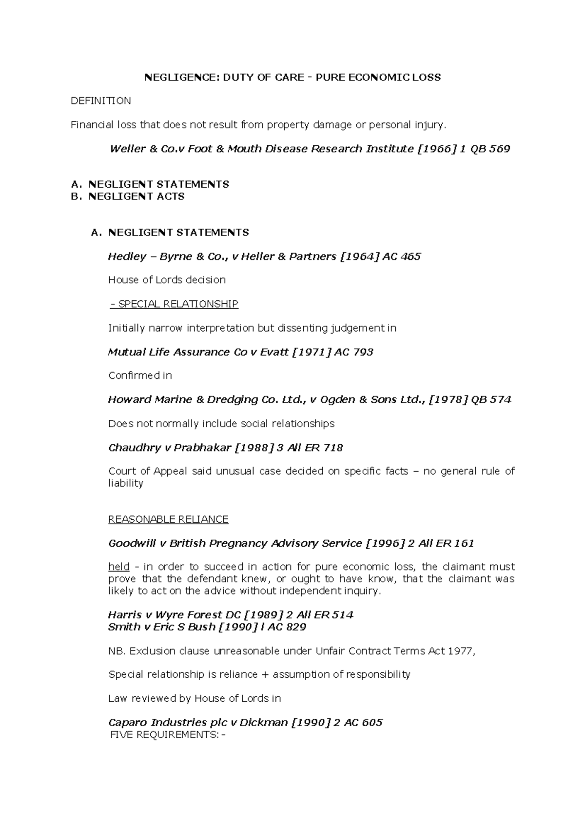 Economic LOSS Lecture Outline - NEGLIGENCE: DUTY OF CARE - PURE ...