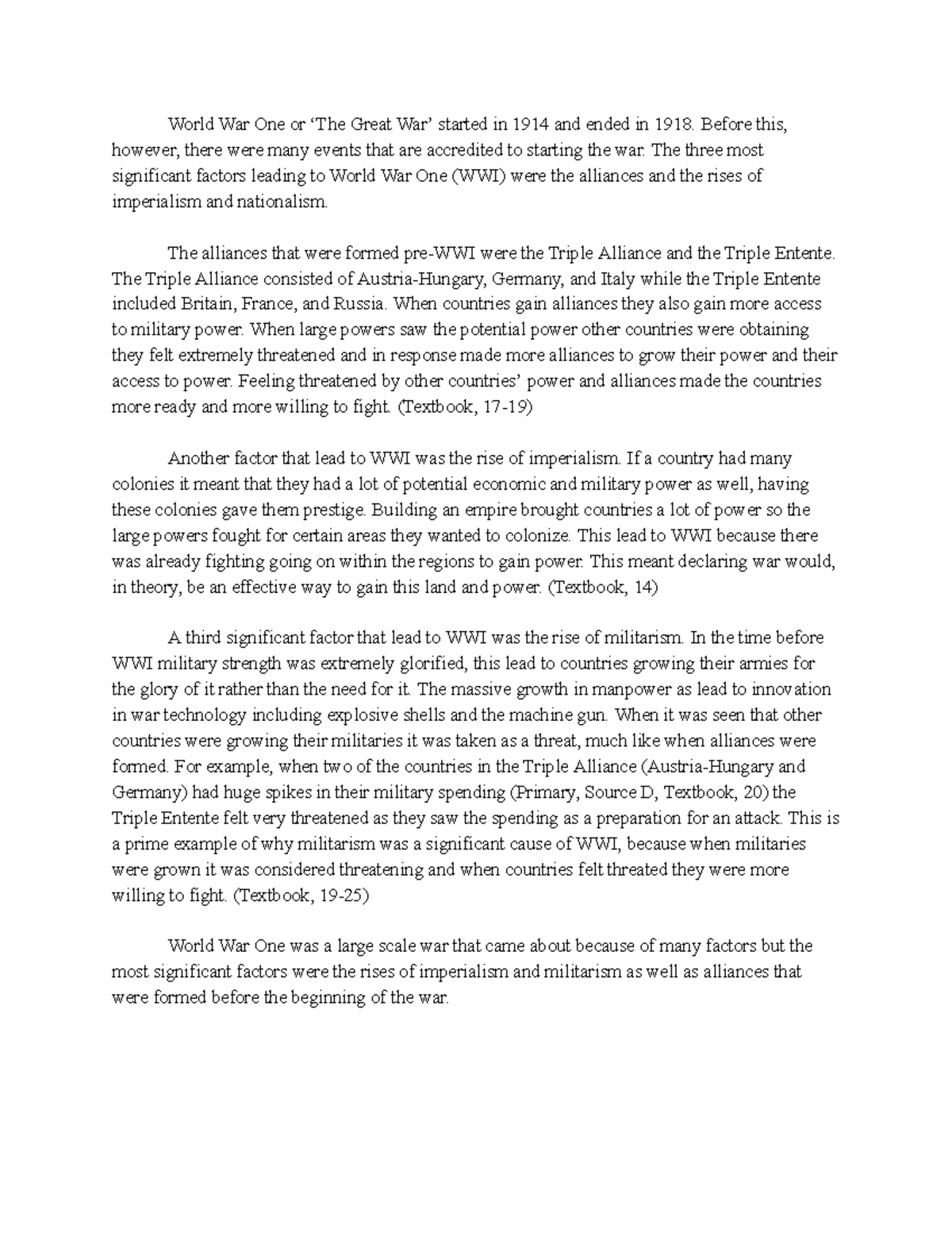 World War 1 Mini-Essay - World War One or ‘The Great War’ started in ...