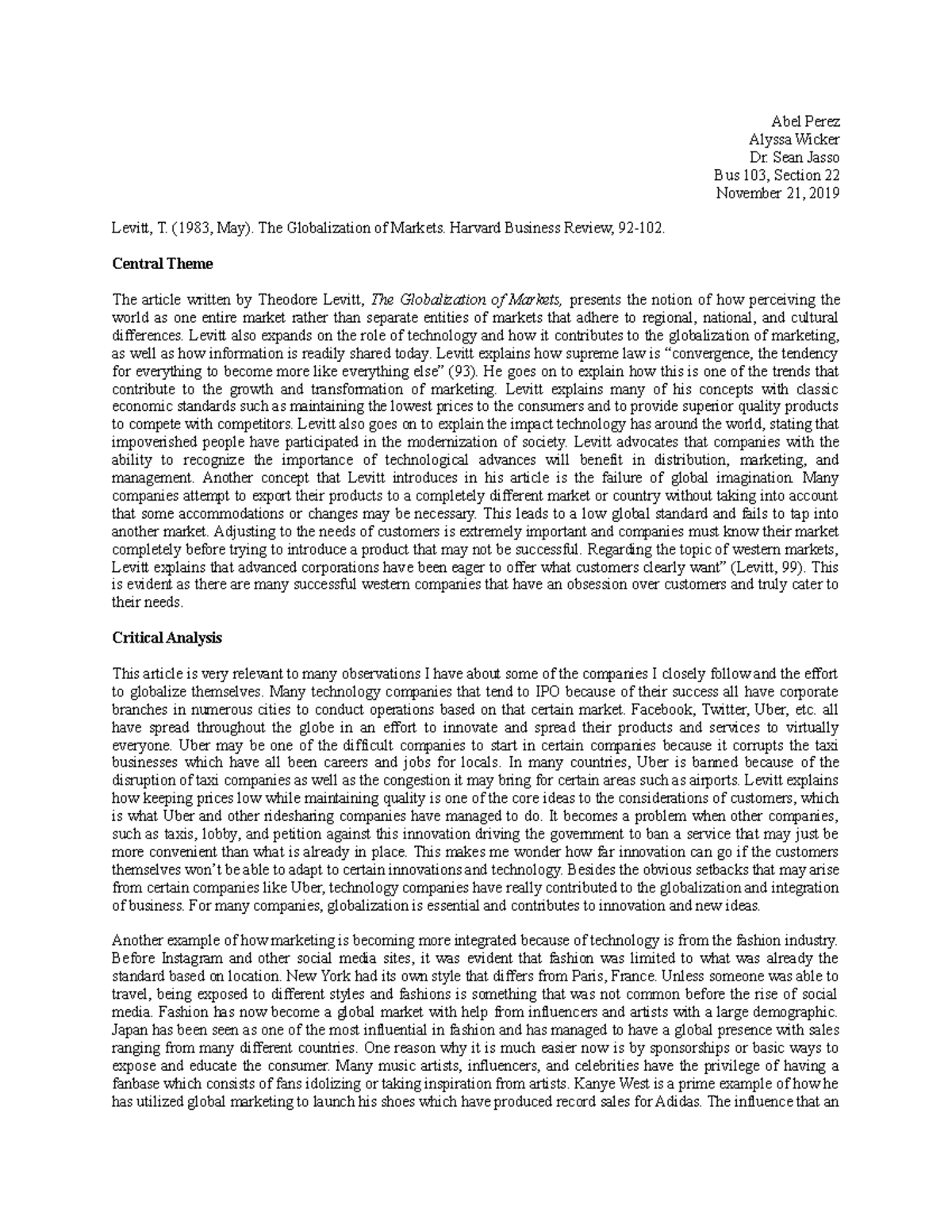 Globalization of Marketing Article - Abel Perez Alyssa Wicker Dr. Sean ...