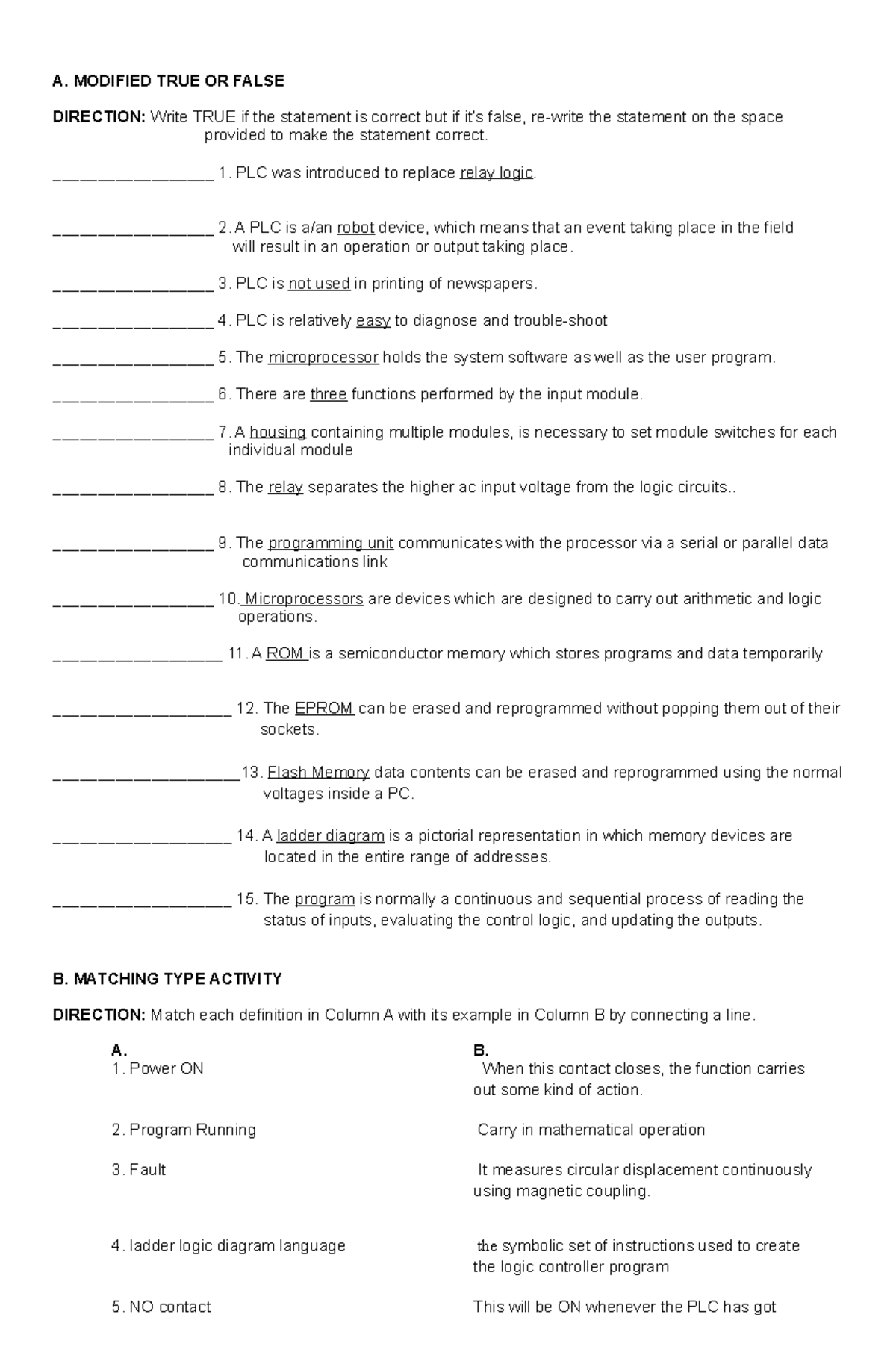 Electronics Systems and Design practice problem 6 - A. MODIFIED TRUE OR FALSE DIRECTION: Write ...