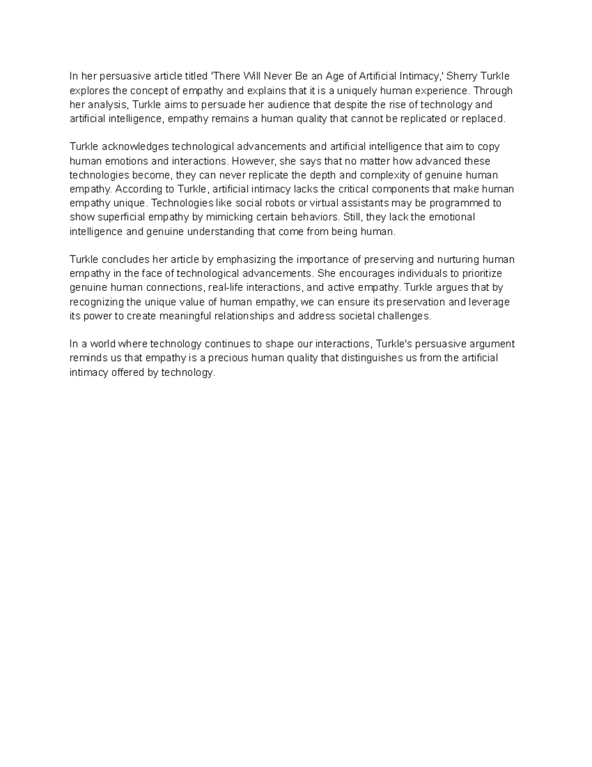 Sherry Turkle Essay - In her persuasive article titled 'There Will Never Be an Age of Artificial ...