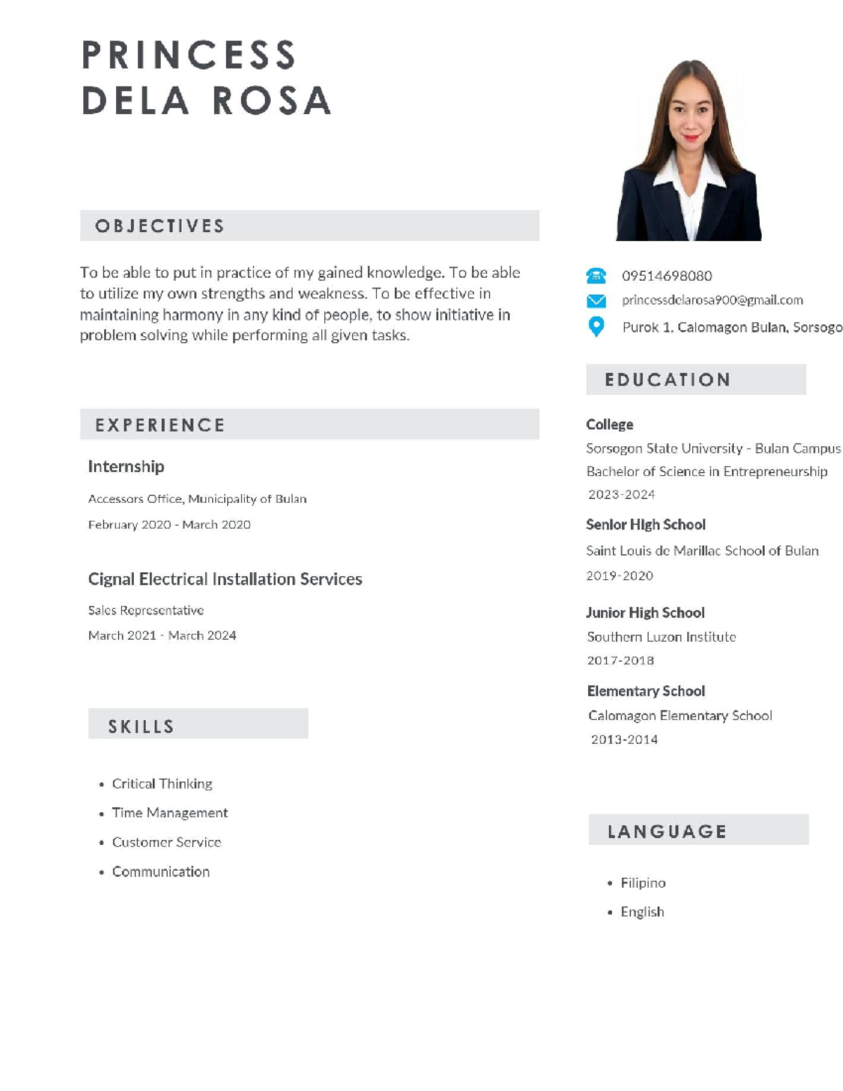Resume - Good - PRINCESS DELA ROSA OBJECTIVES To be able to put in ...