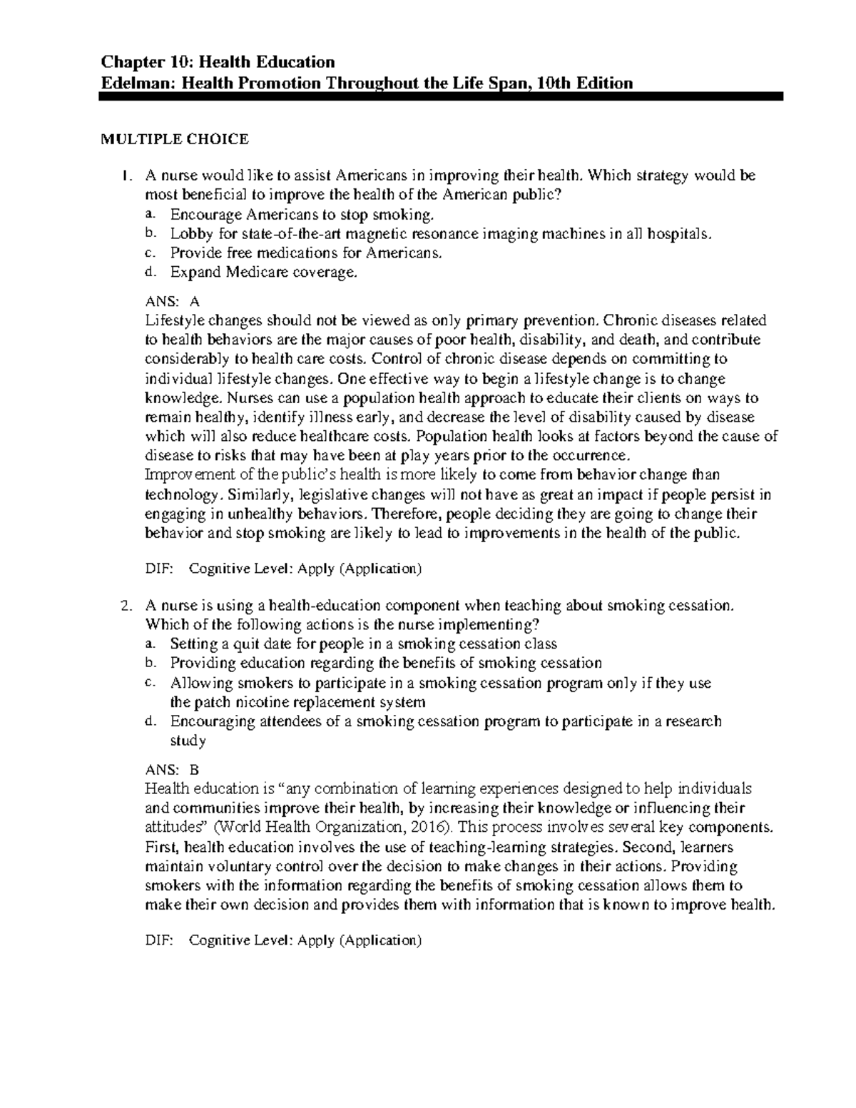 10 - CHAP 10 - Chapter 10: Health Education Edelman: Health Promotion ...