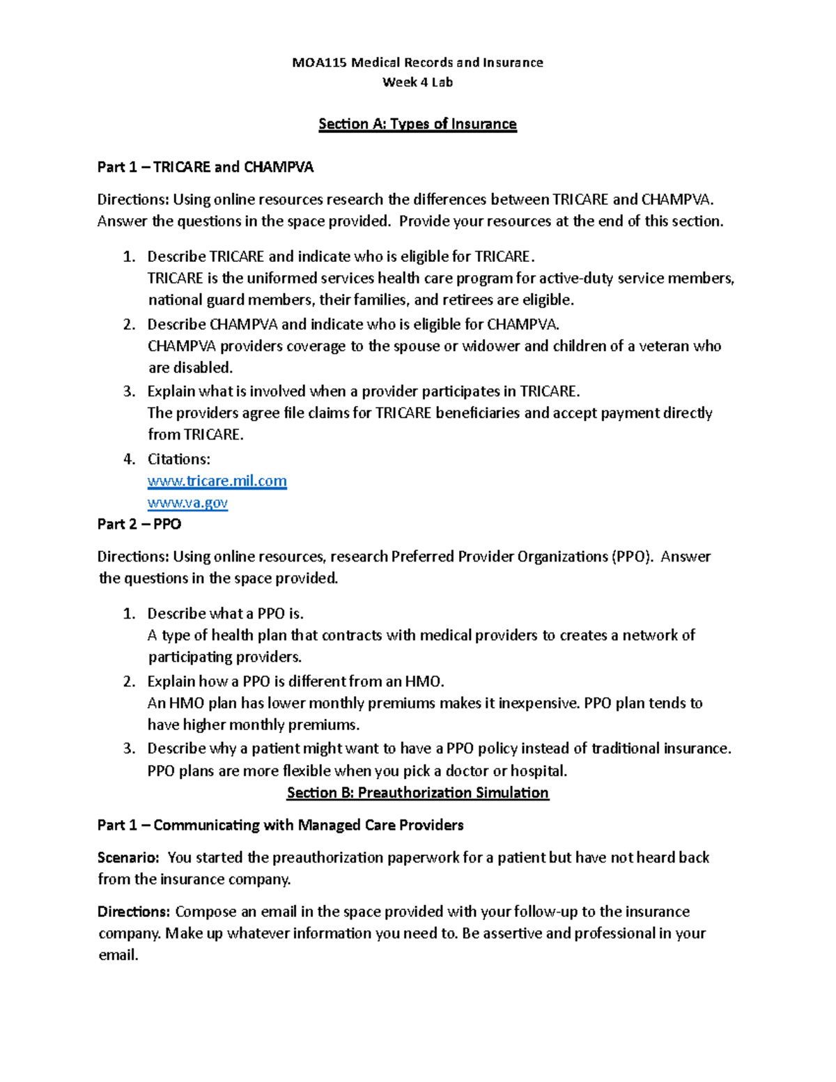 Week 4 Online Lab - MOA115 Medical Records and Insurance Week 4 Lab ...