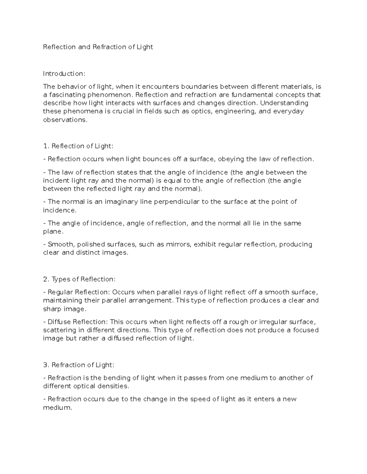 Reflection and Refraction of Light - Reflection and Refraction of Light ...