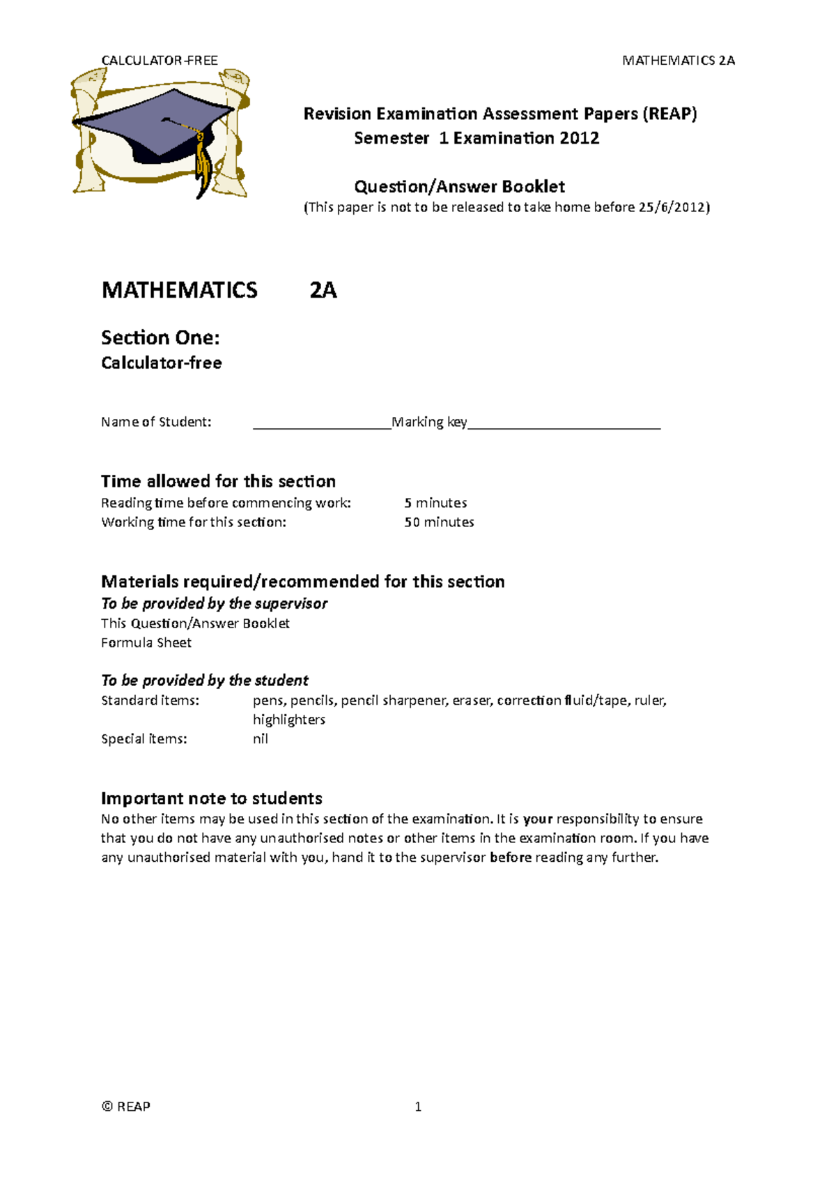 2A MAT Calc-free marking key - Revision Examination Assessment Papers ...