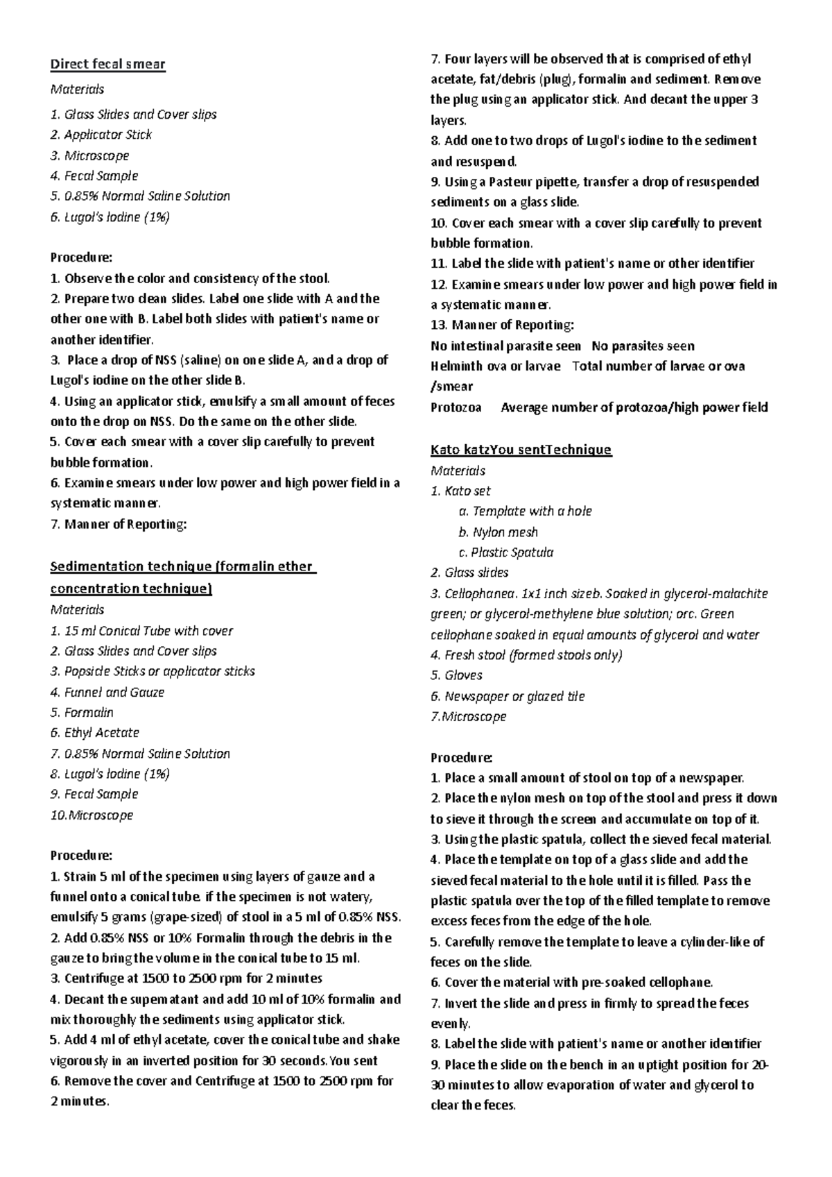 Clinical Parasitology LEC and LAB Review - Direct fecal smear Materials ...
