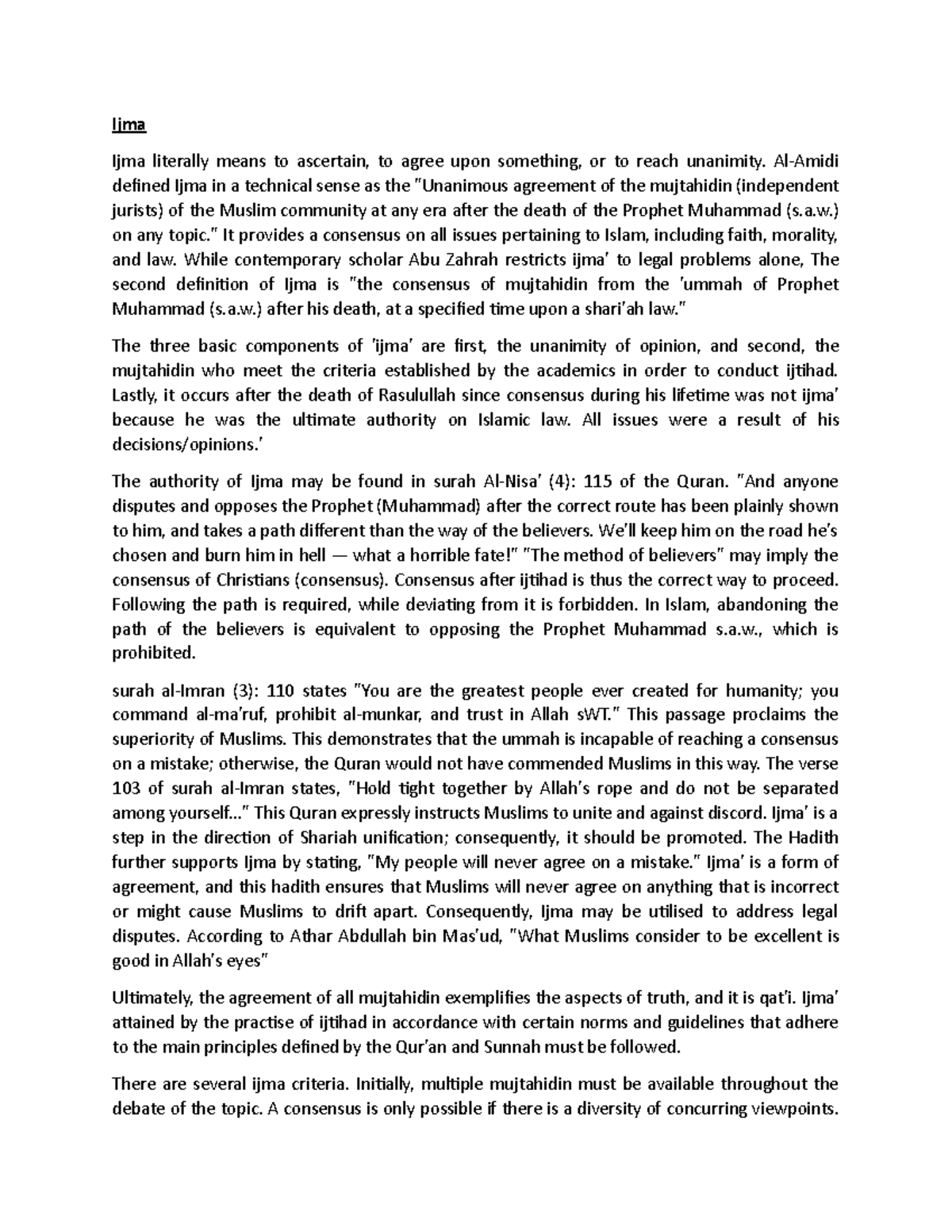 IJMA, Qiyas, Istihsan, Istishab, Urf - Ijma Ijma literally means to ...