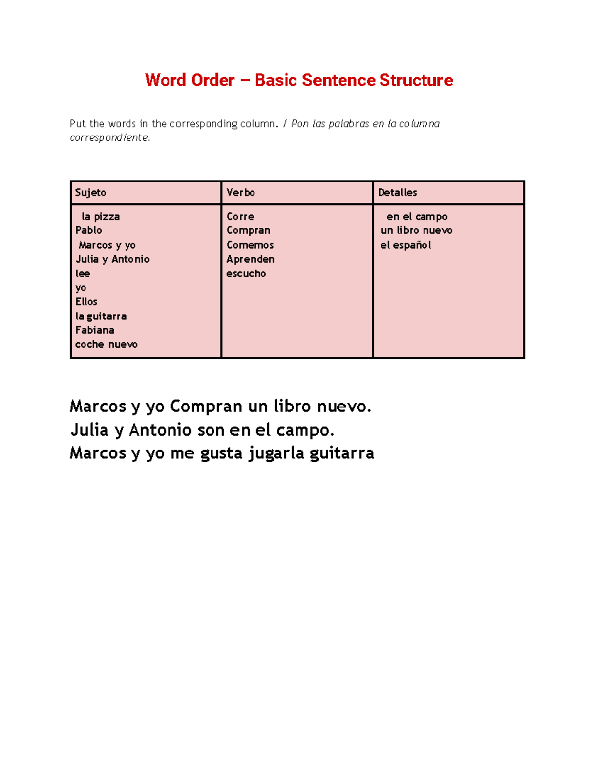 Word Order – Basic Sentence Structure - Word Order – Basic Sentence Structure Put the words in ...