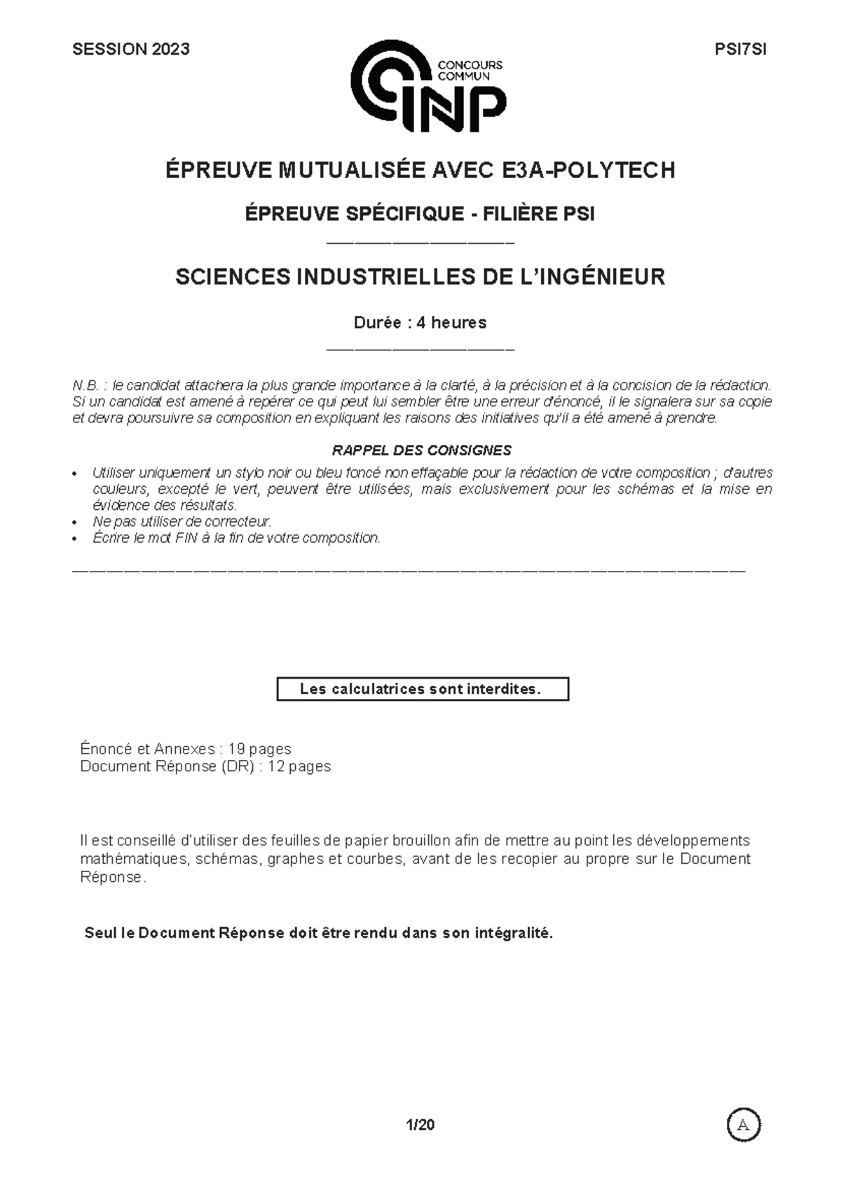 PSI7SI - RAS - SESSION 2023 PSI7SI ÉPREUVE MUTUALISÉE AVEC E3A-POLYTECH ÉPREUVE SPÉCIFIQUE ...