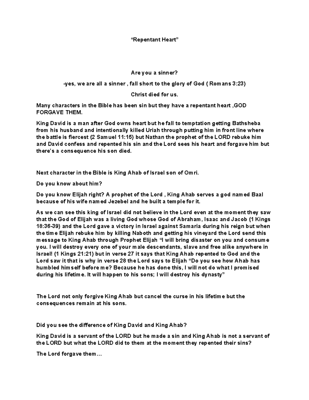 Repentant Heart - “Repentant Heart” Are you a sinner? -yes, we are all ...
