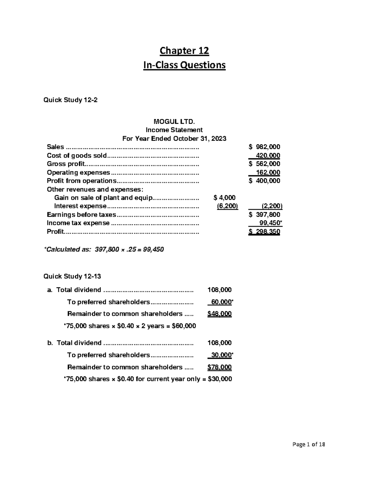 Ch 12 Solutions - Chapter 12 In-Class Questions Quick Study 12- MOGUL LTD. Income Statement For ...