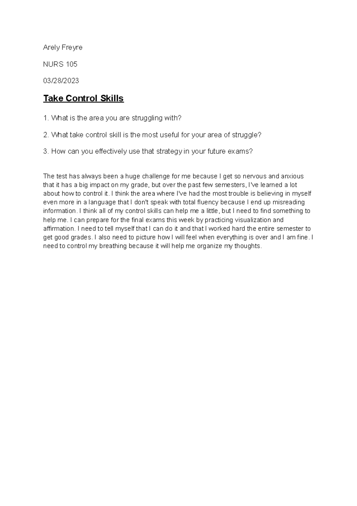 Take Control Skills - DOC - Arely Freyre NURS 105 03/28/ Take Control ...