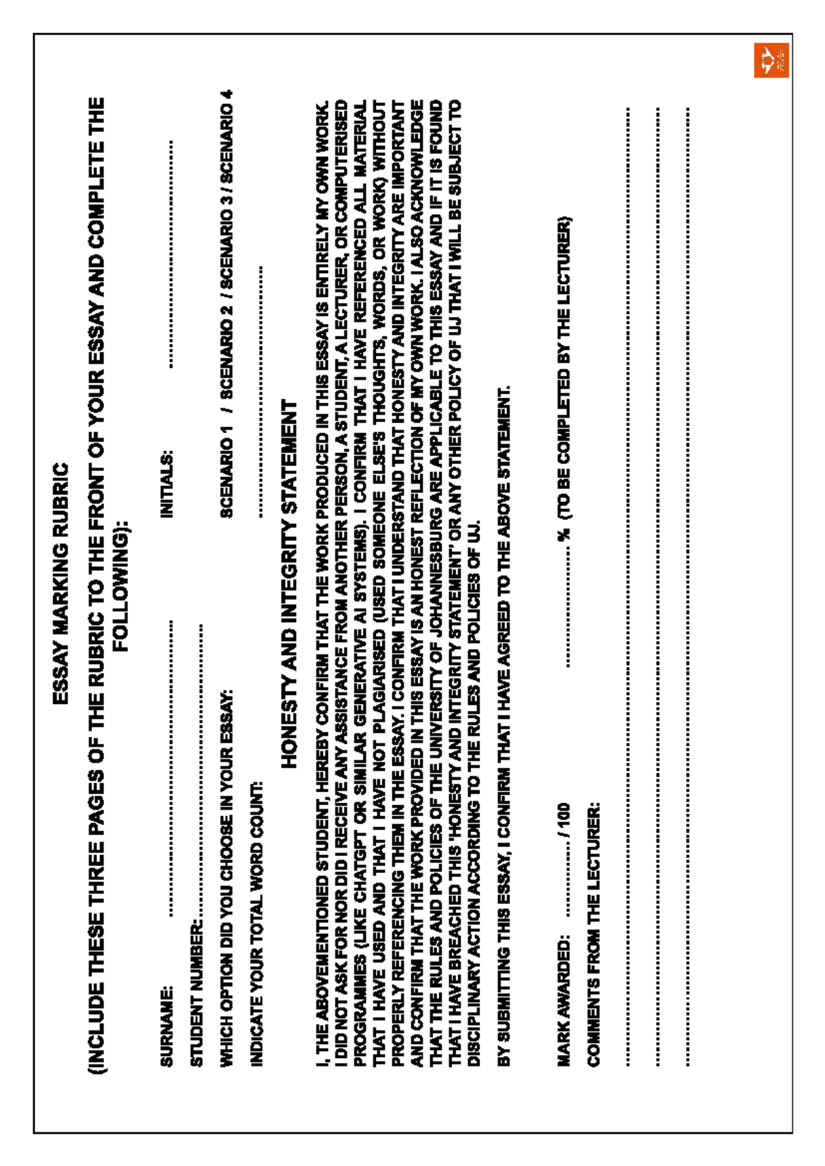 Forms of Breach - ESSAY MARKING RUBRIC (INCLUDE THESE THREE PAGES OF ...